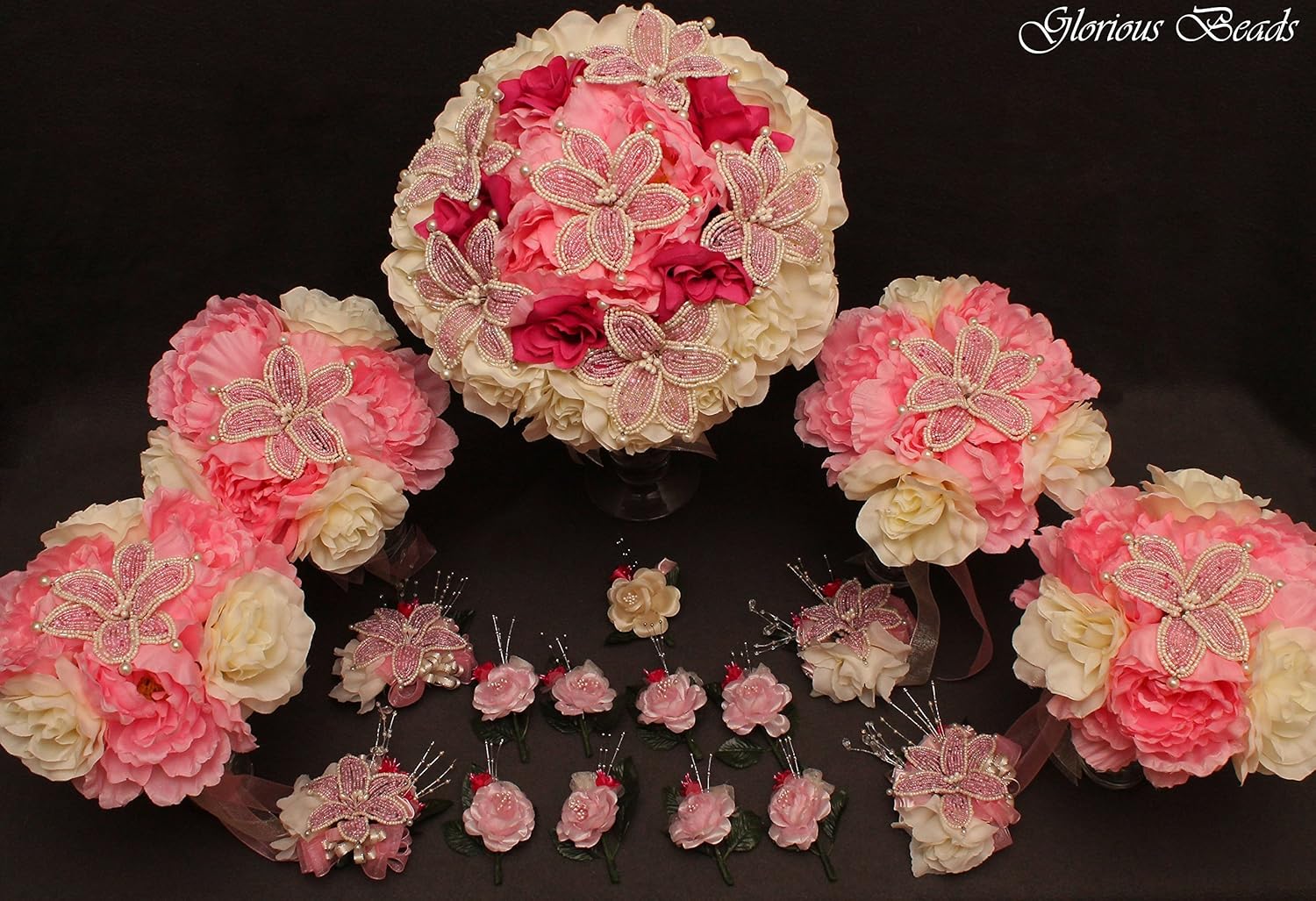 Amazon.com: Pink and Ivory Beaded Lily Bridal Wedding Flower 18 piece ...