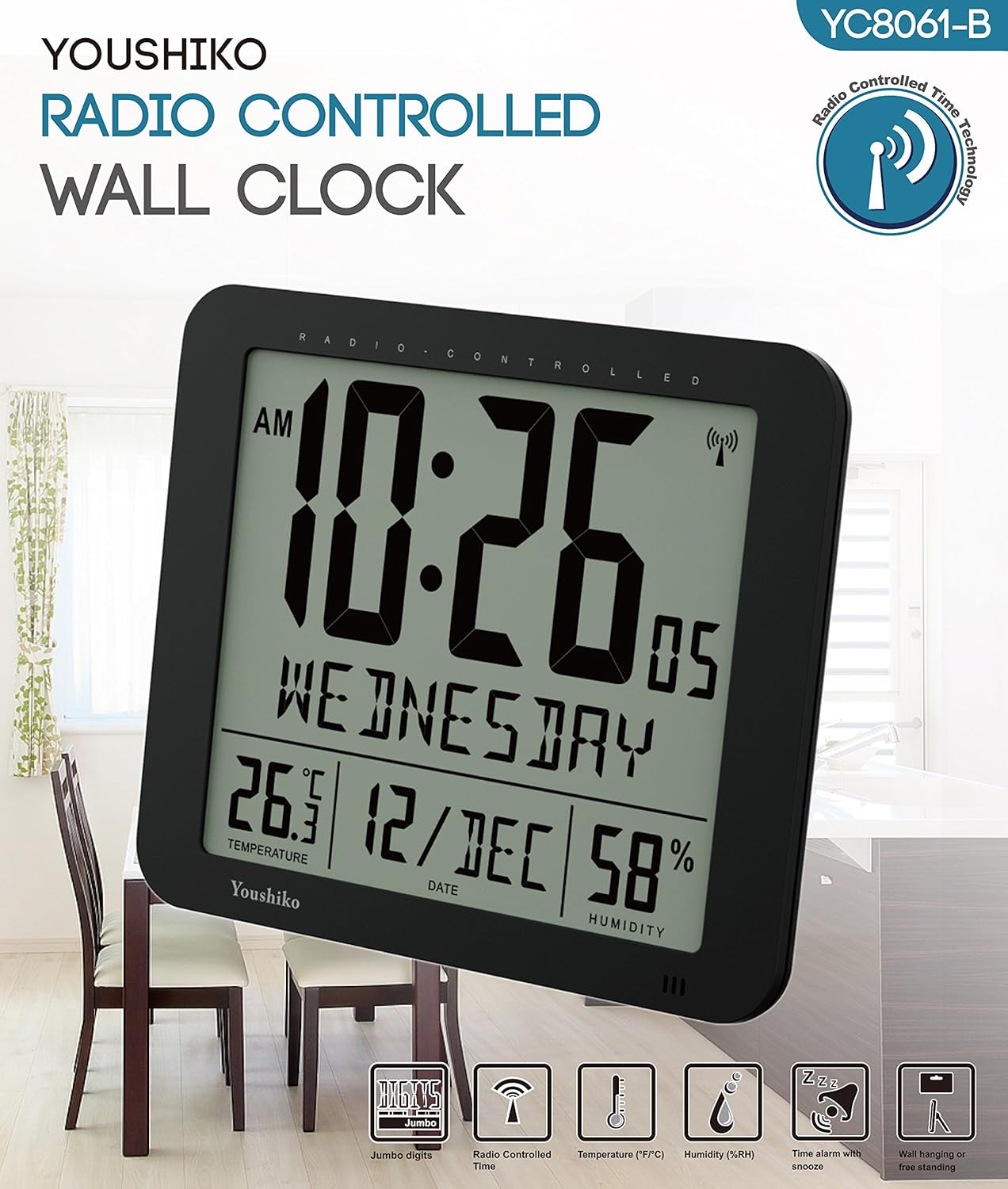 Youshiko Jumbo Large Radio Controlled Wall Clock (UK & Ireland Version ...