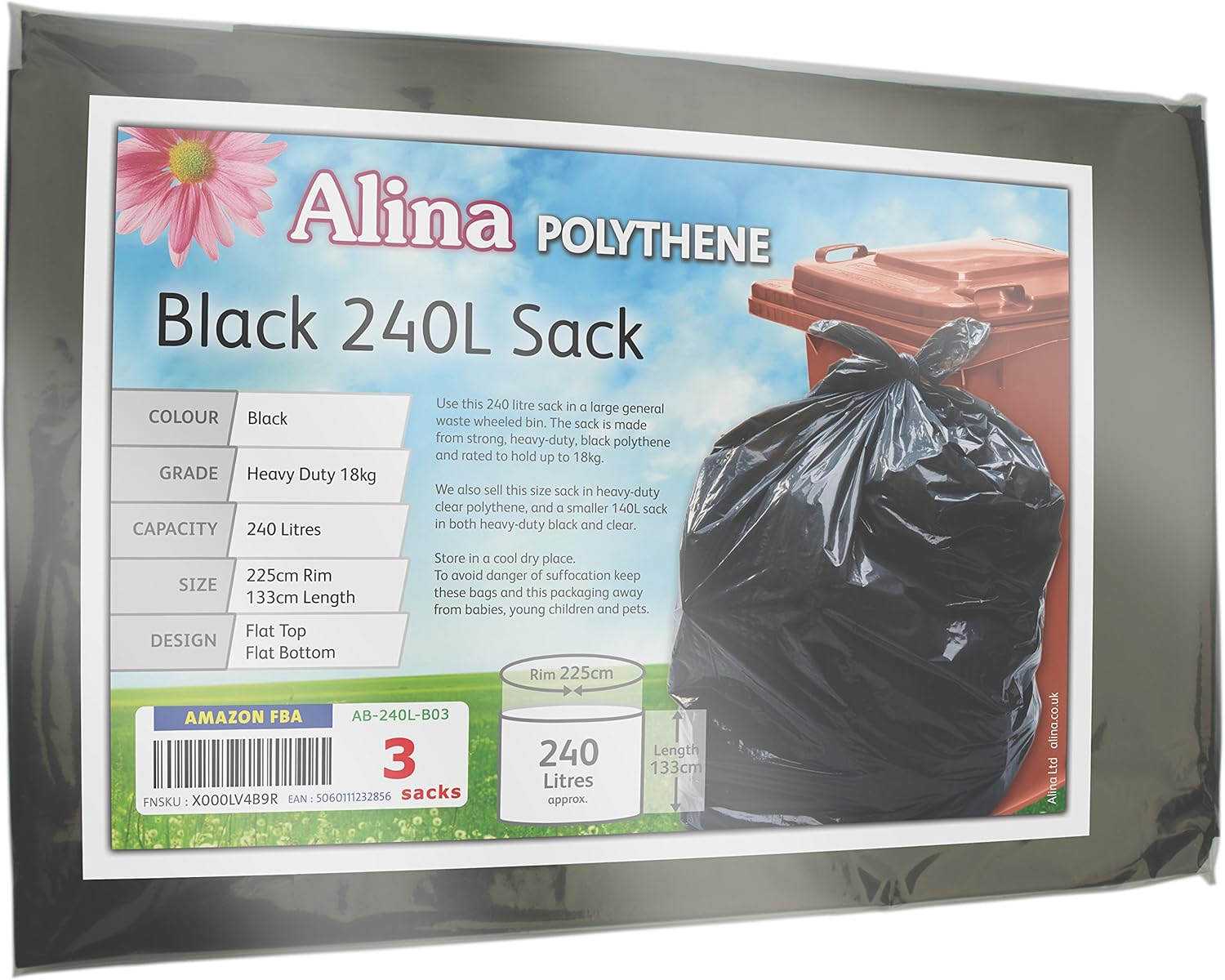 Alina 3 x 240L Polythene Black Heavy-Duty Wheeled Bin Liner/Wheelie ...