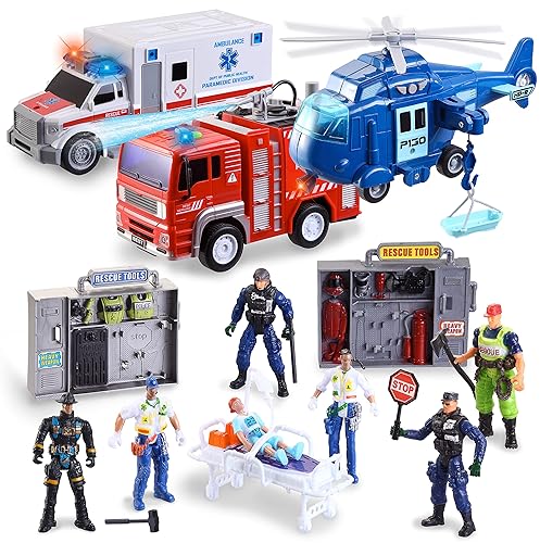 Fire Truck 4 Pack Emergency Vehicle Toys - Friction Powered Police Car ...