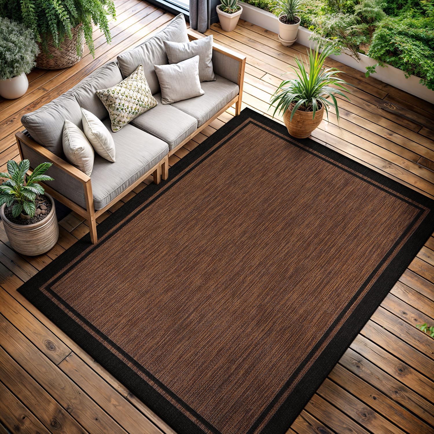 CAMILSON Indoor Outdoor Rug, 8x10 Bordered Nut Brown Black Modern Area ...