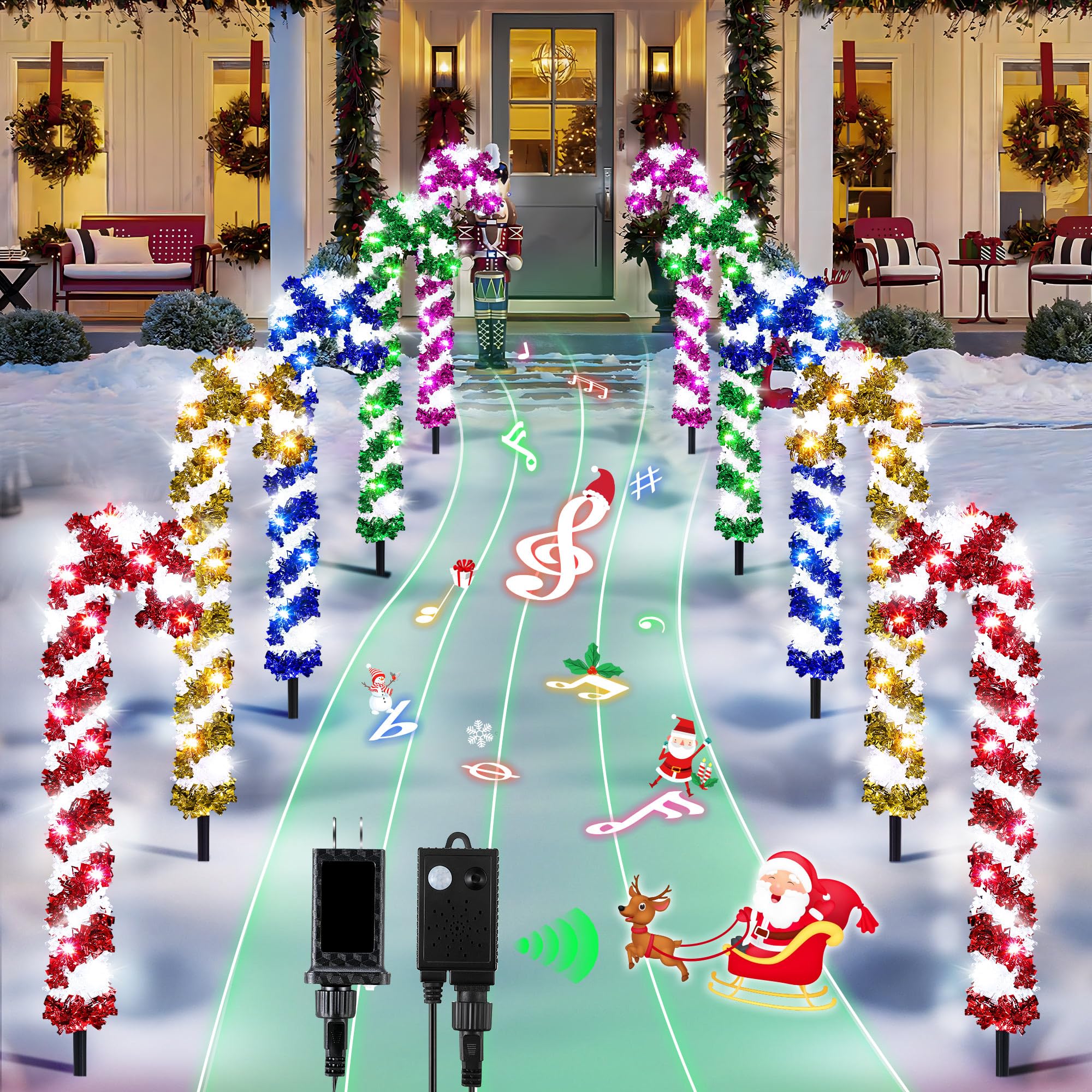 Enhon 10 Pack Christmas Candy Cane Lights with Stakes, Tinsel Christmas ...