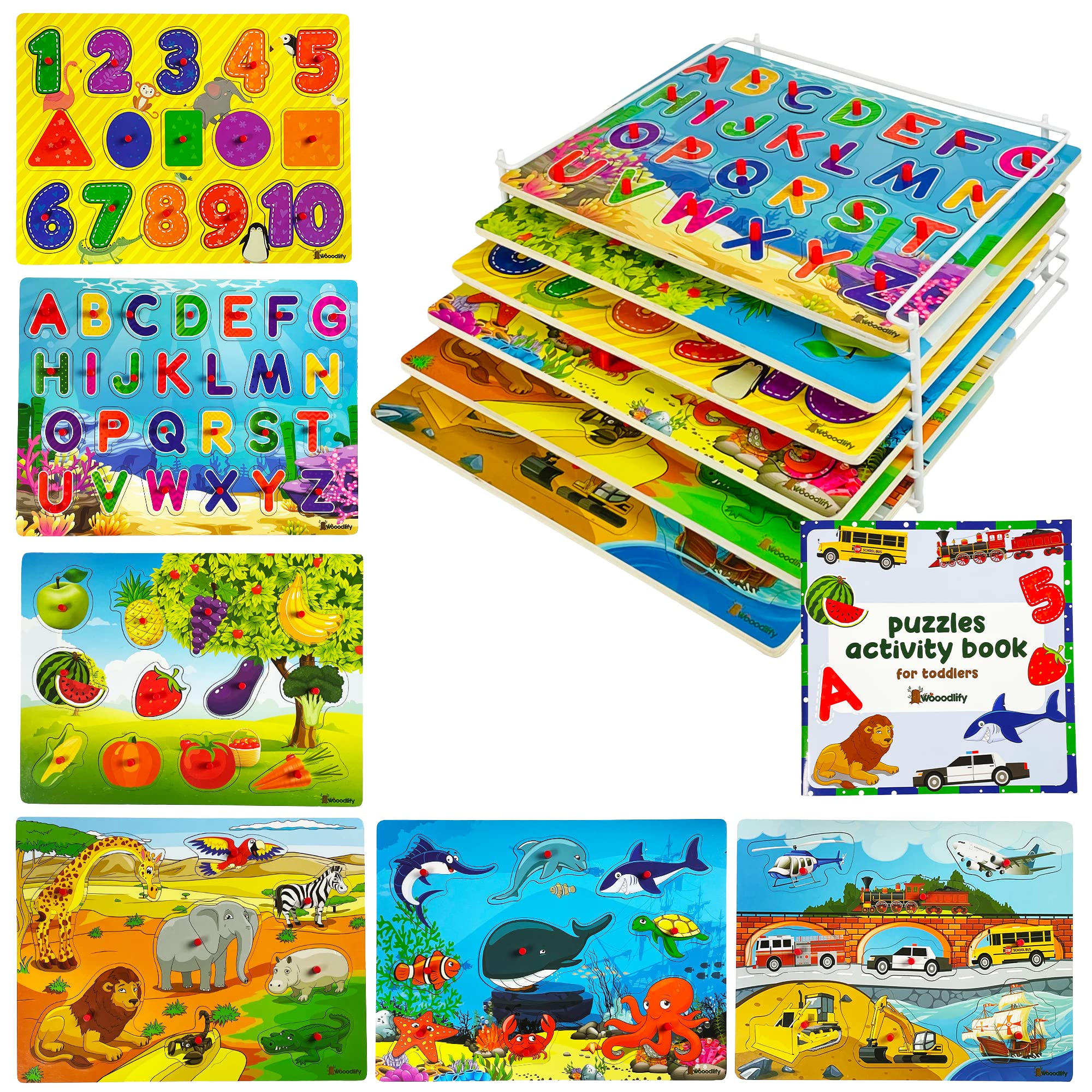 Wooden Puzzles for Toddlers 1-3 with Rack - 6 Pack Wooden Peg Puzzles ...