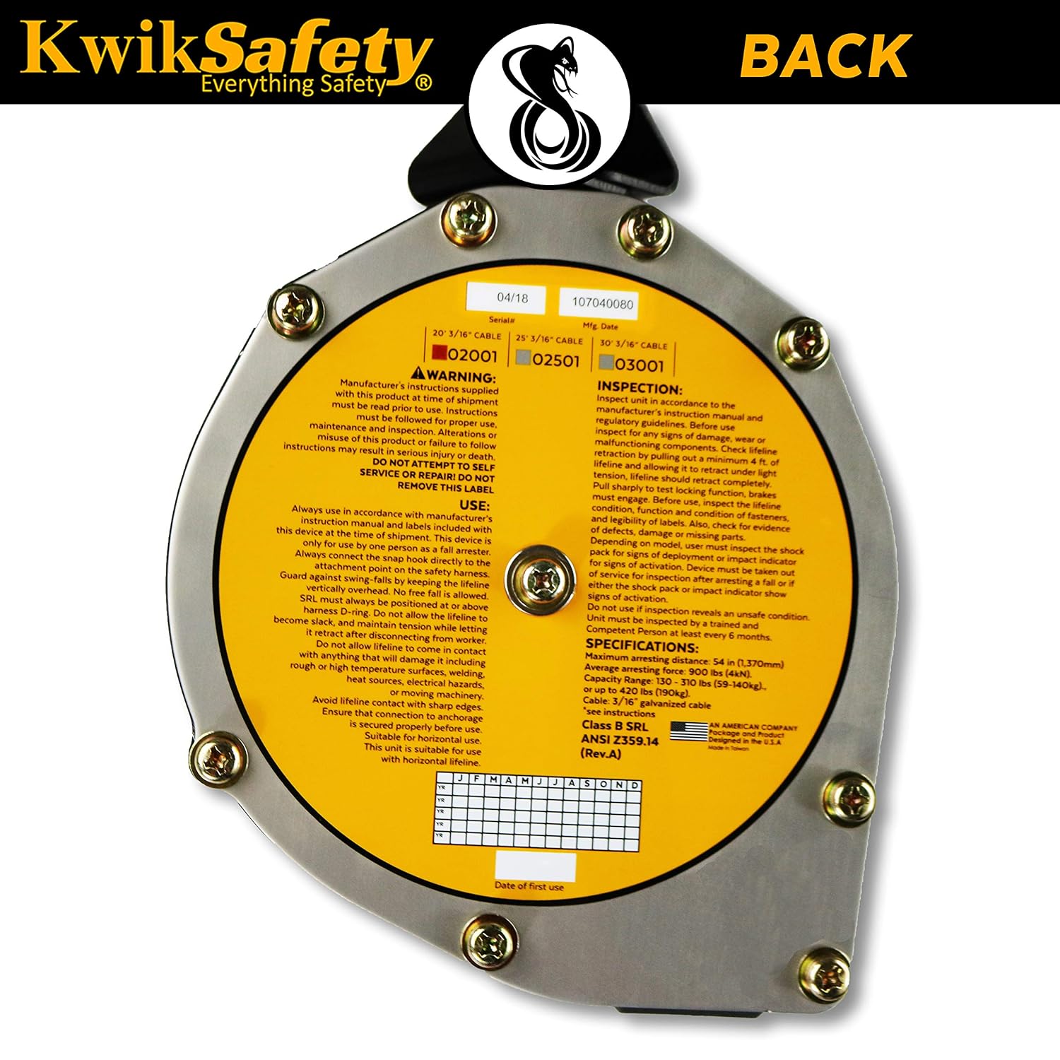 KwikSafety (Charlotte, NC) COBRA 20’ Poly Web Self Retracting Lifeline ...