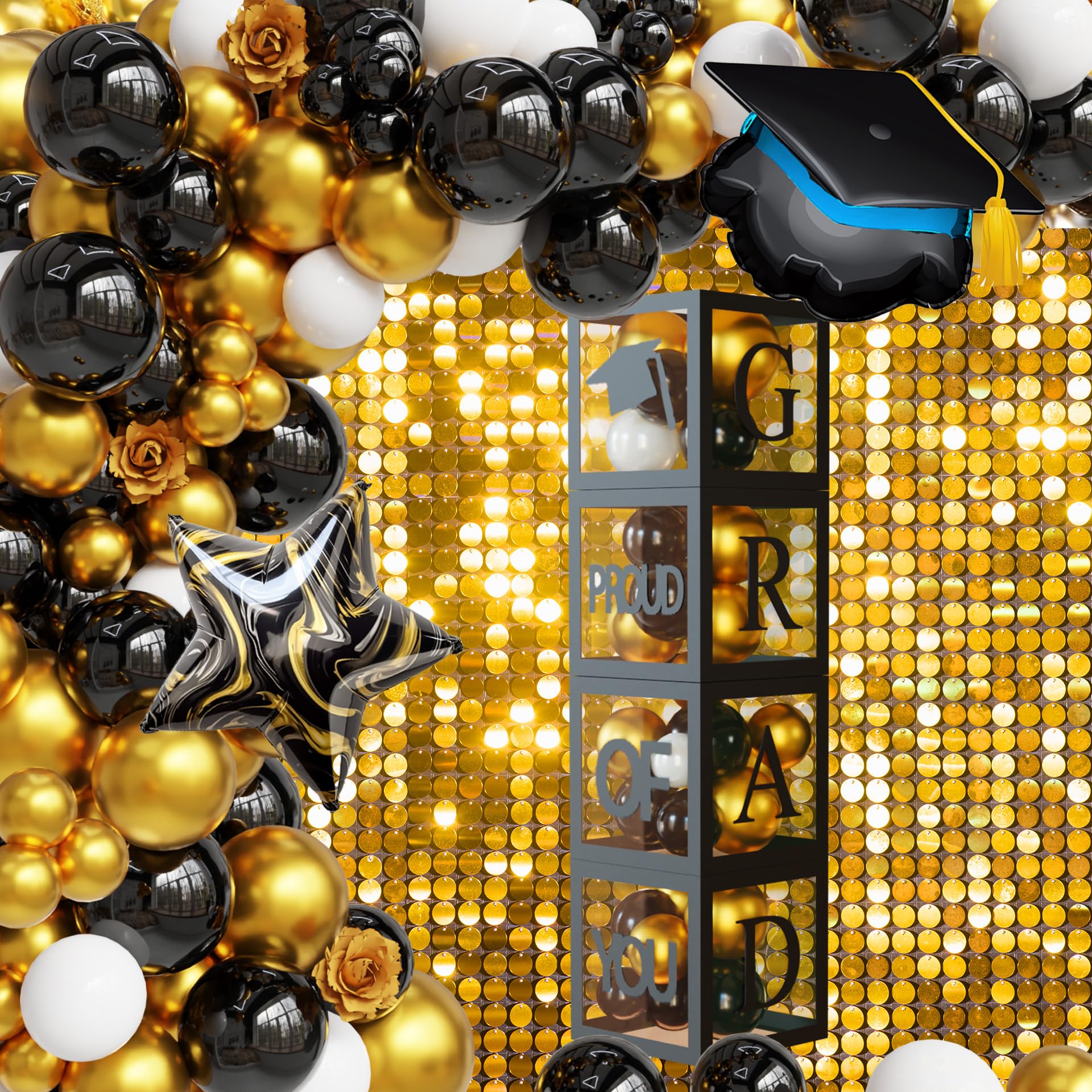Grad Party Decorations 2025,4 Prom Boxes With Letters 112pcs Black Gold ...