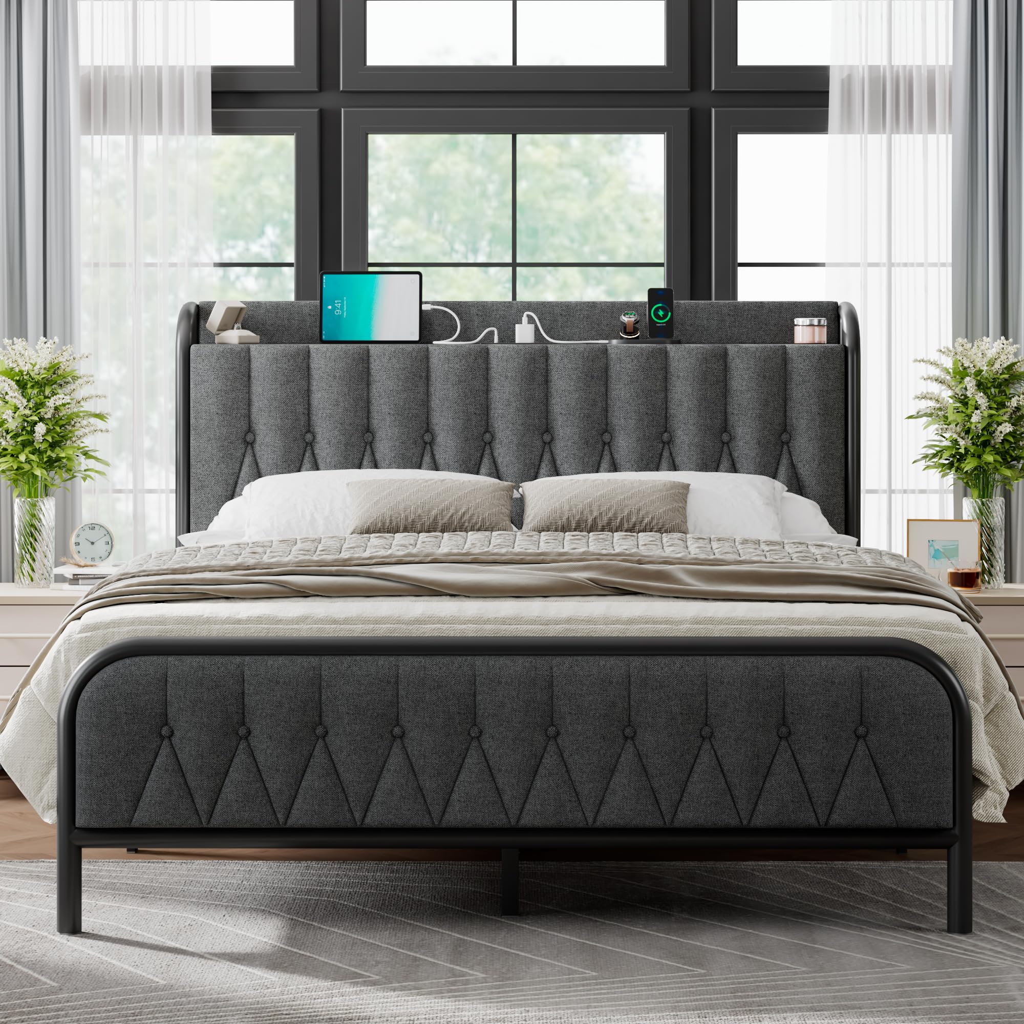 Feonase Linen Queen Bed Frame with Fast Charging Station,Queen Metal ...