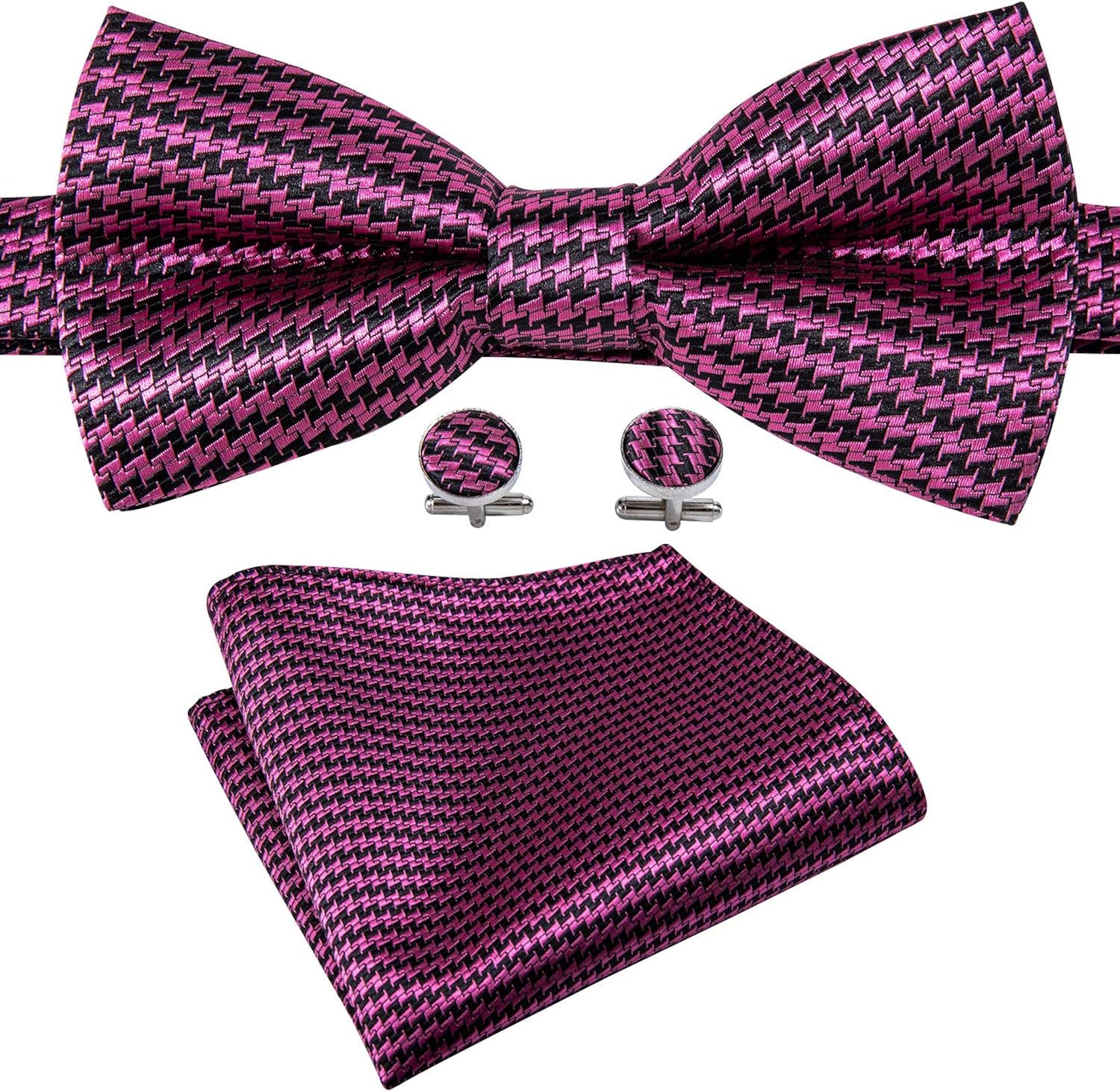 Mens Bow Tie Set Pretied Adjustable Bow Tie Pocket Square Cufflink Set