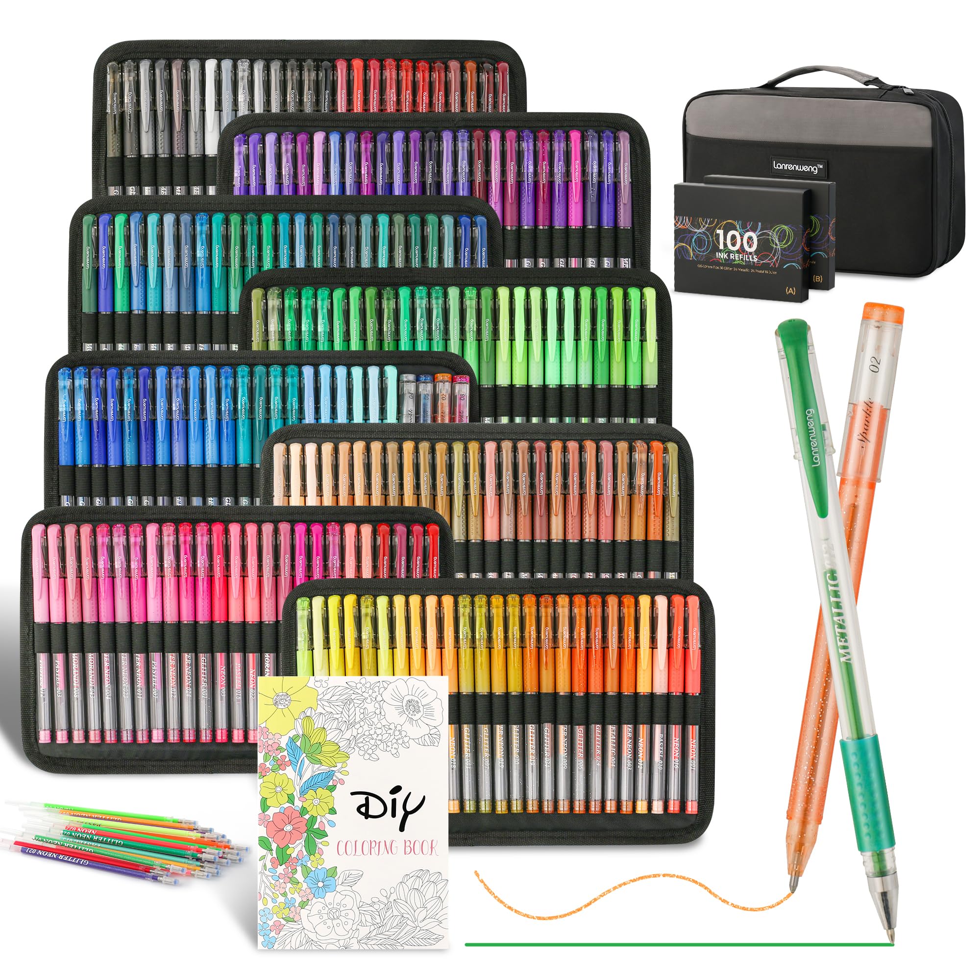 LANRENWENG 400 Pack Gel Pens for Adult Coloring Books, 200 Colored Gel ...
