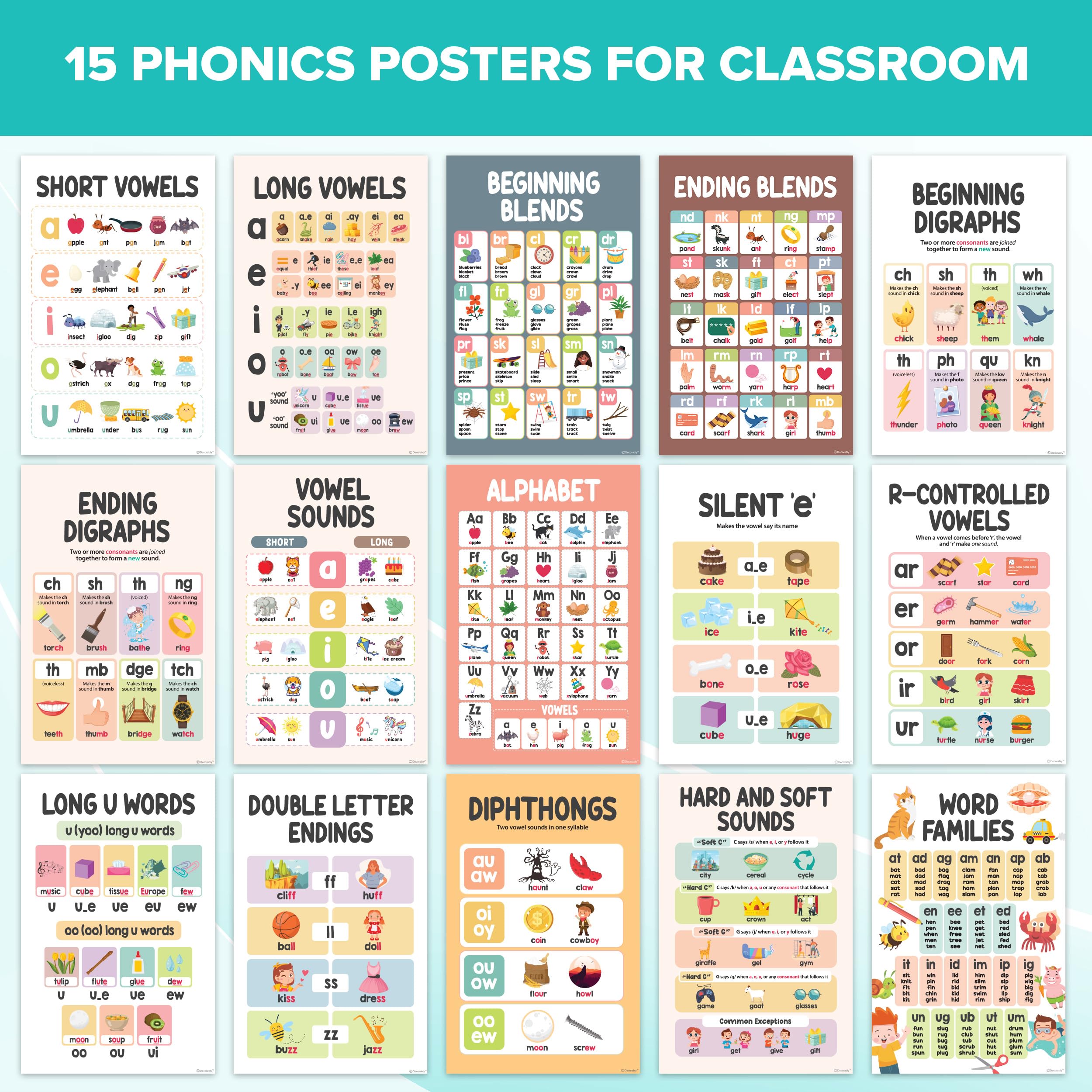 Mua Decorably Phonics Posters for Classroom - 15 Vowel Posters for ...