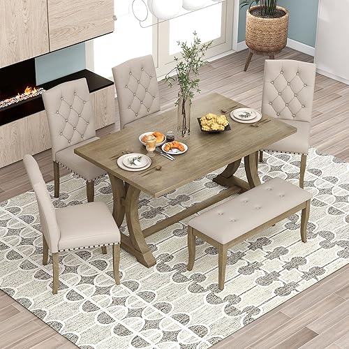 SIYSNKSI 6-Piece Farmhouse Dining Table Set, Rectangular Trestle Table ...