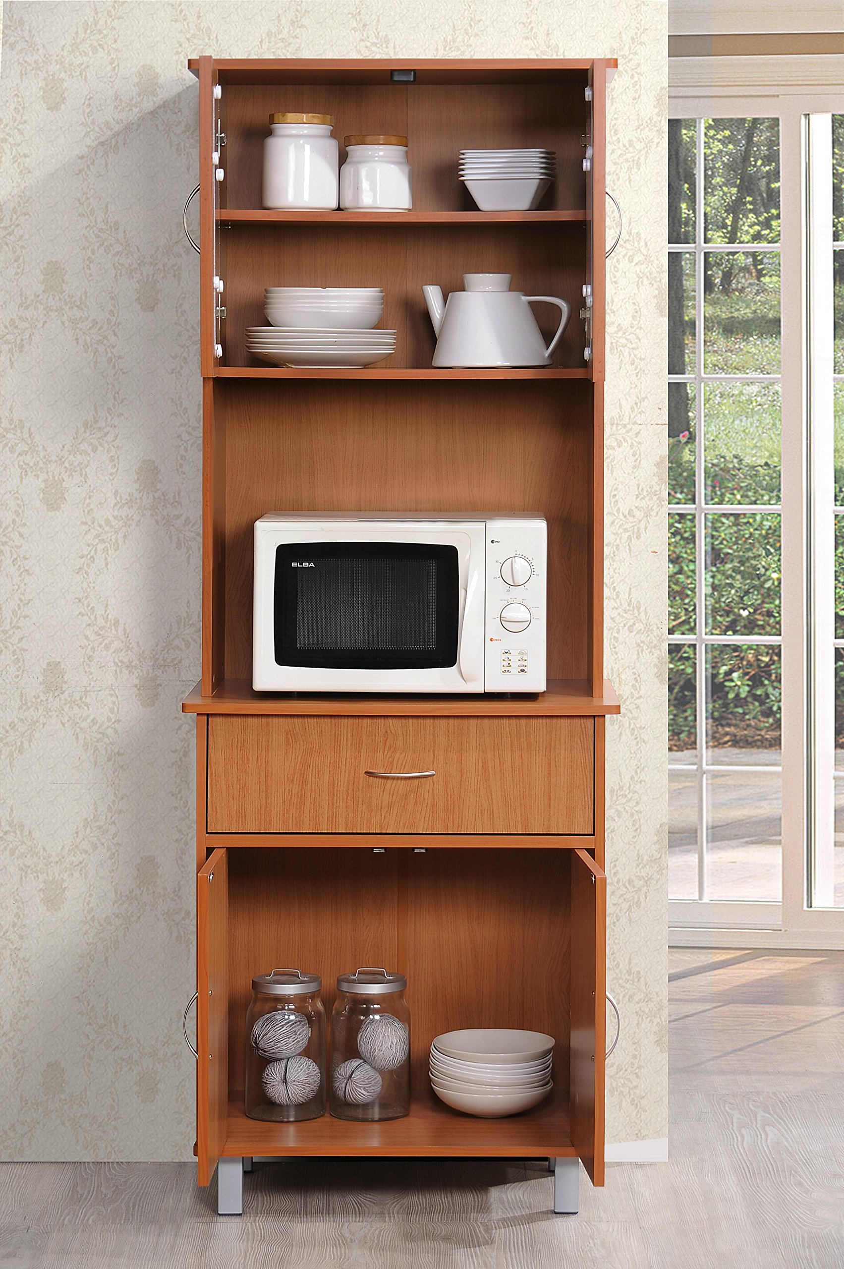 Hodedah Long Standing Kitchen Cabinet with Top & Bottom Enclosed Cabinet Space, One Drawer ...