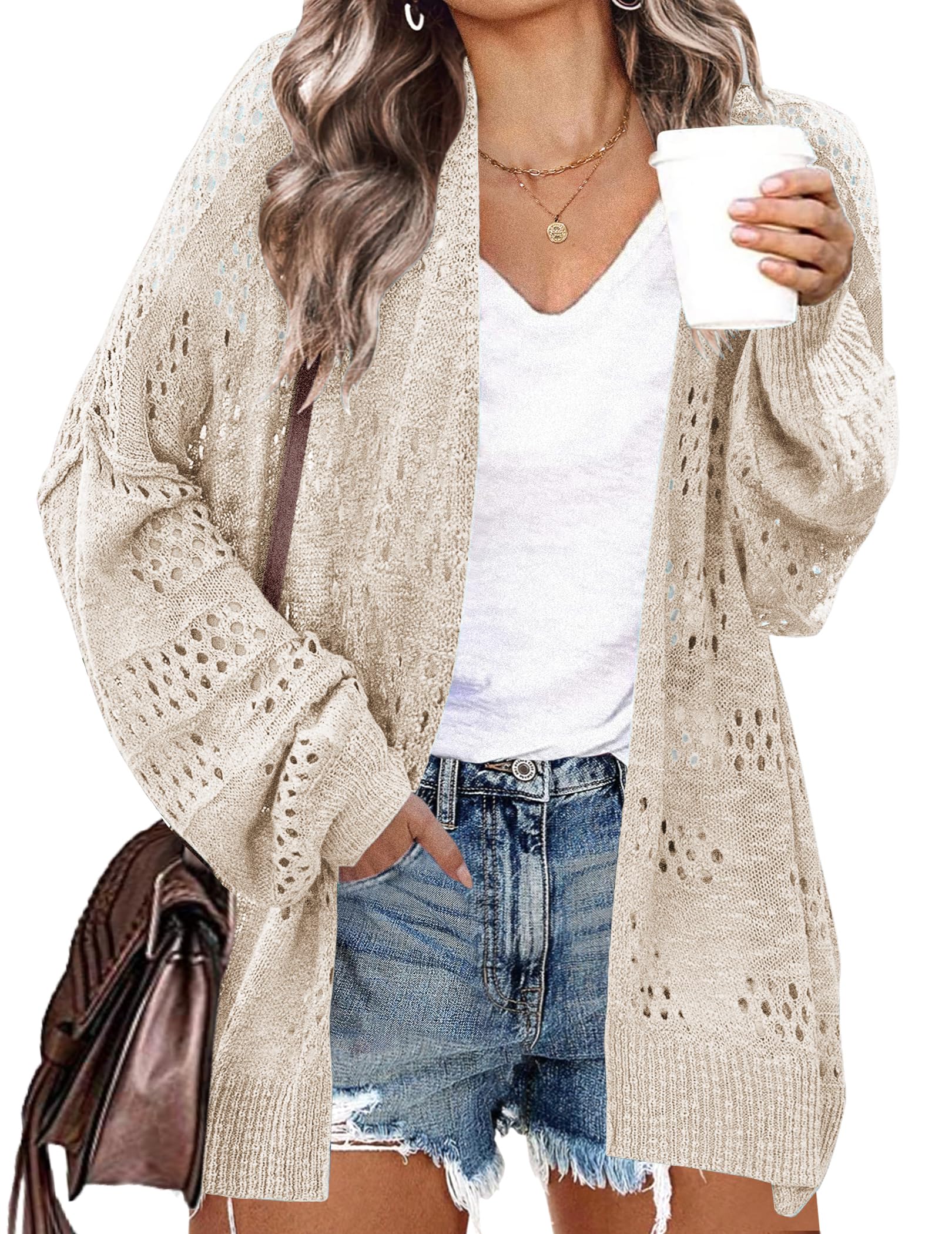 IN'VOLAND Womens Plus Size Crochet Cardigan Sweater Kimonos Boho Solid ...