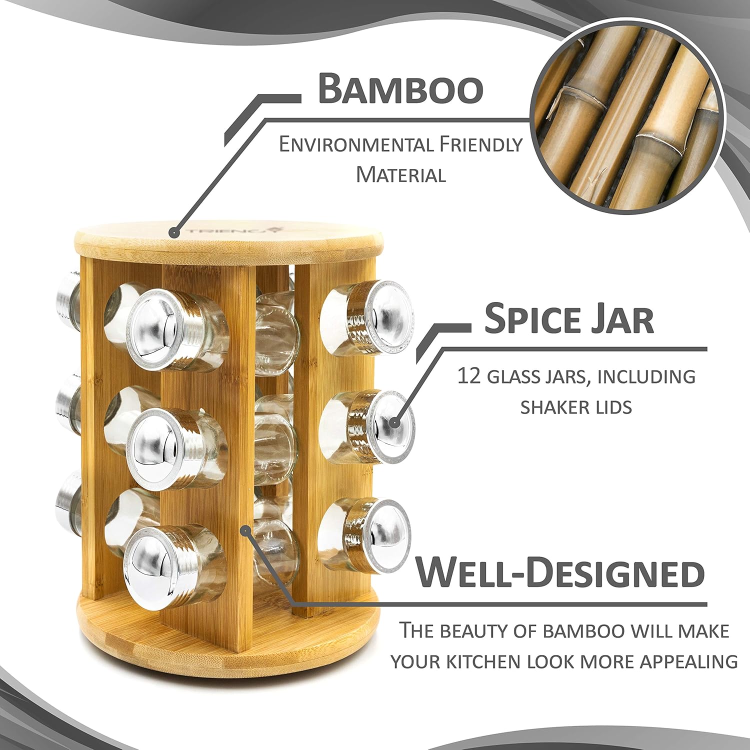 TRIENCY Bamboo Rotating Spice Rack Free Standing, Revolving Spice Rack ...