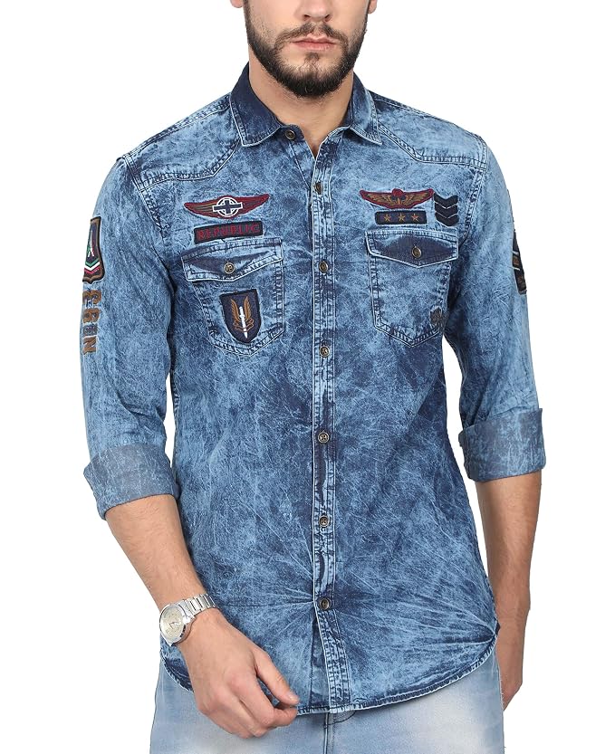 Buy NORTH REPUBLIC Men's Printed Denim Full Sleeves Slim Fit Stylish ...
