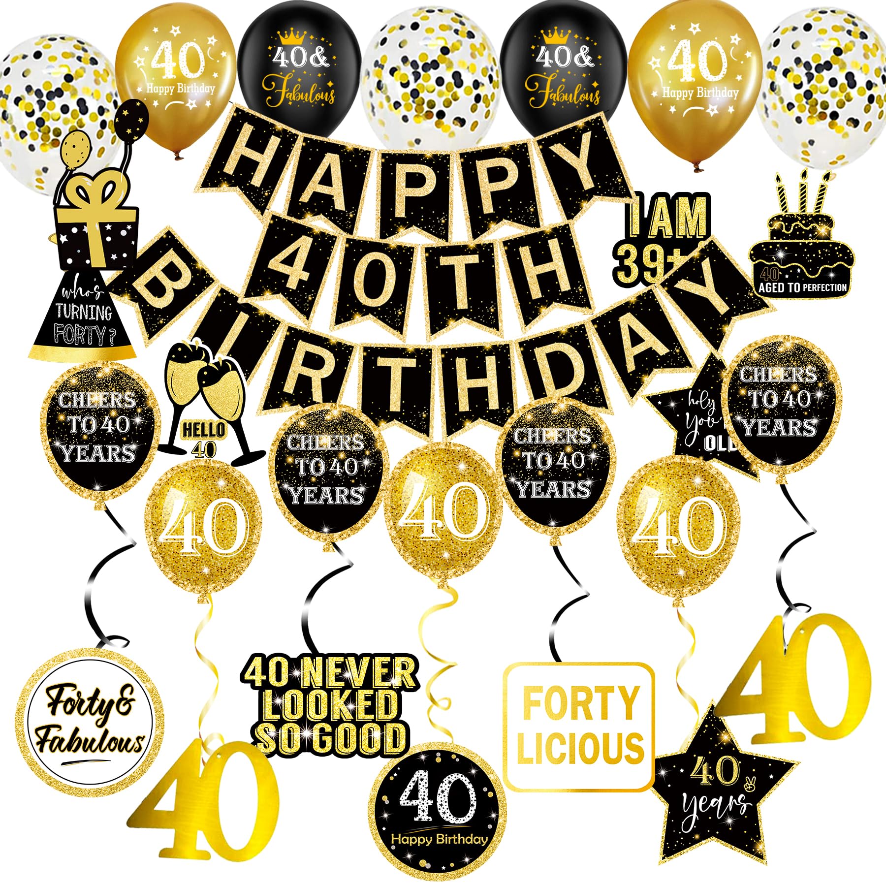 Zohokie Black and Gold 40th Birthday Decorations Party Supplies, Happy ...
