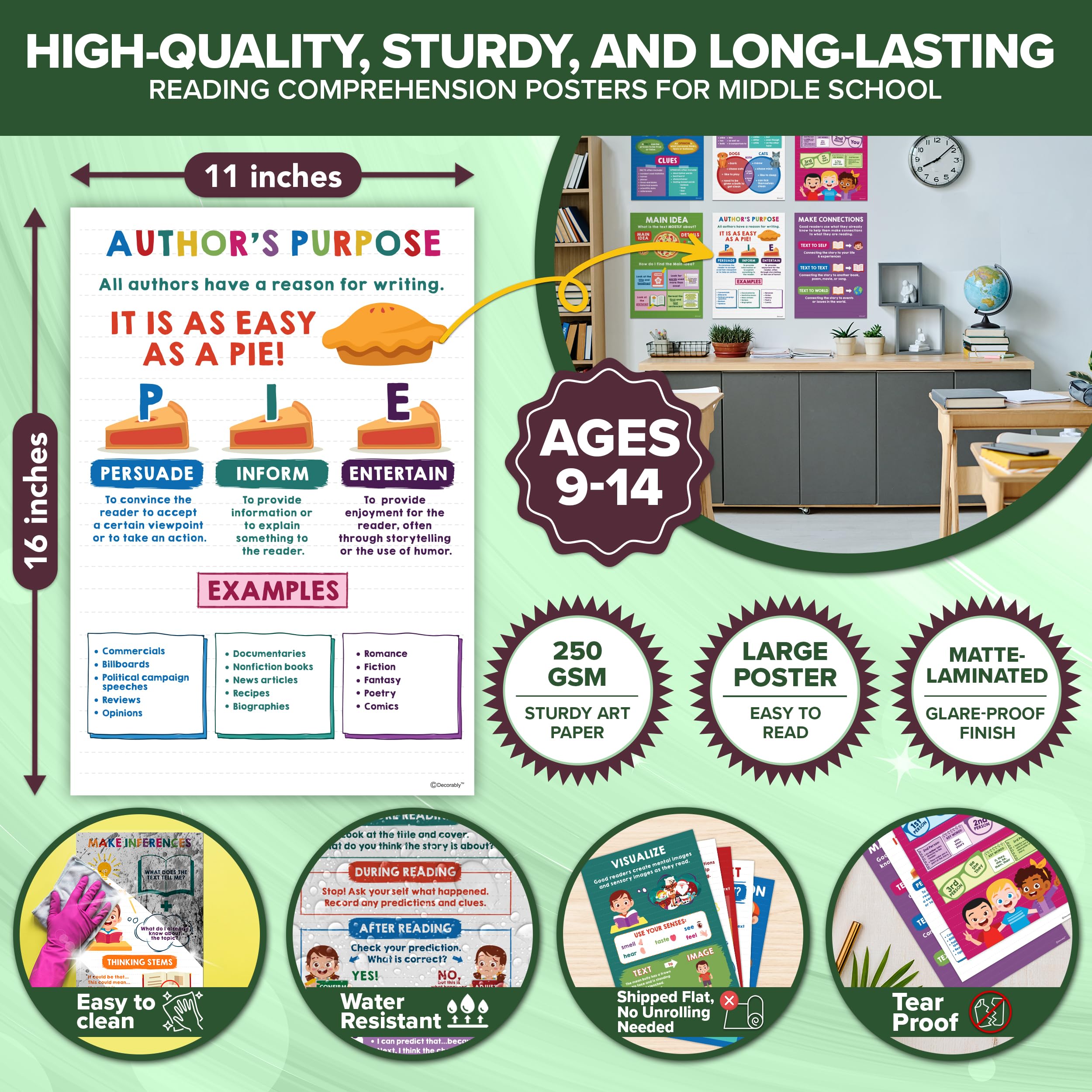 Mua Decorably 12 Reading Comprehension Posters for Classroom, 11x16in ...