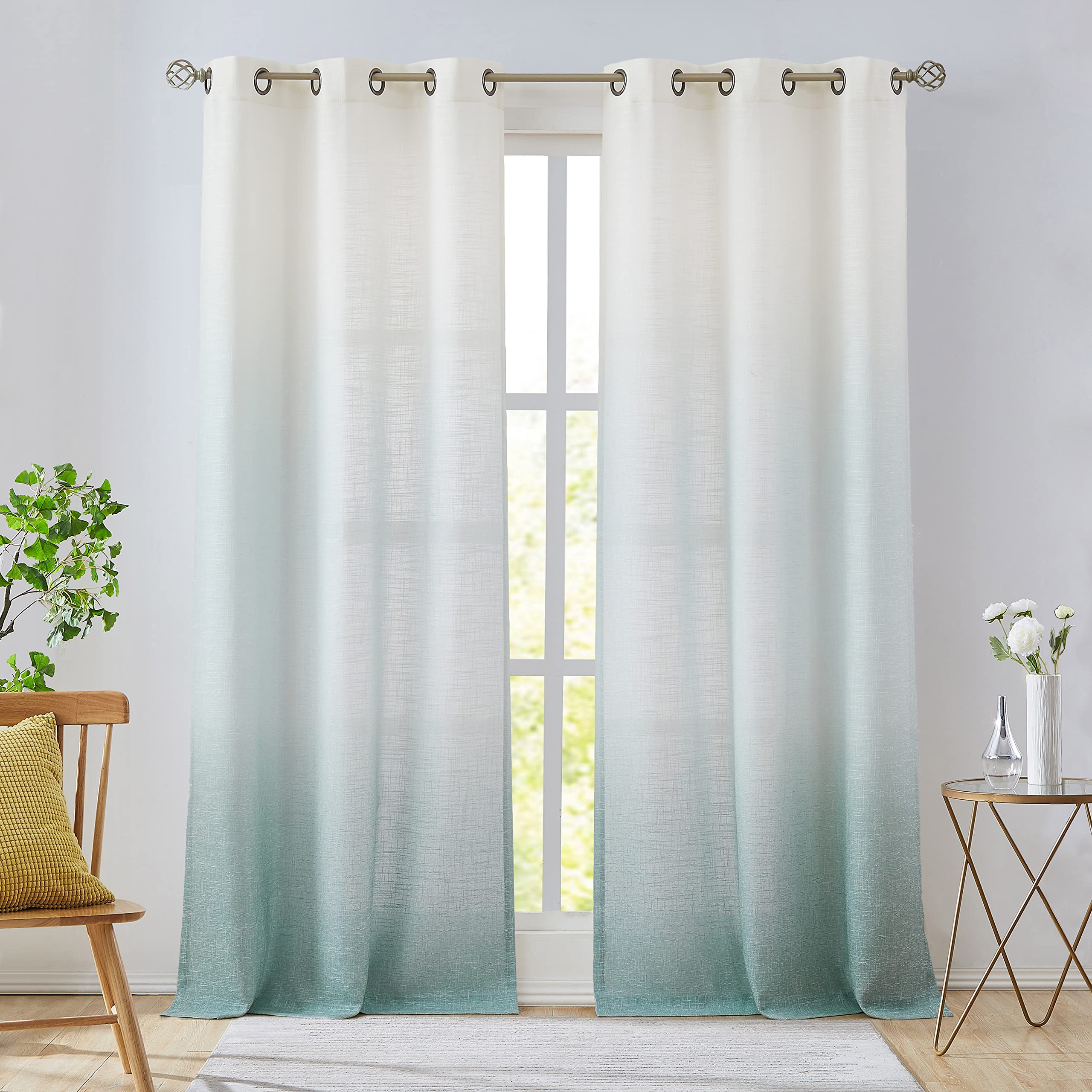 WEST LAKE Aqua Blue Ombre Linen Curtains for Bedroom 84 Inches Cream ...