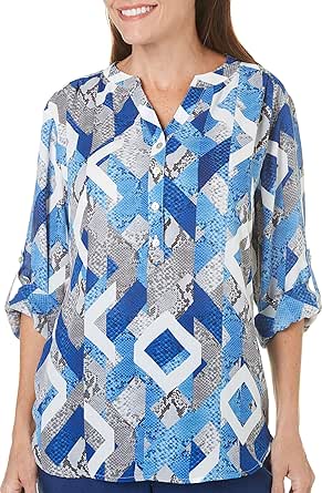 Alfred Dunner Women's Woven Convertible Sleeve Blouse, Multi, 8 at ...