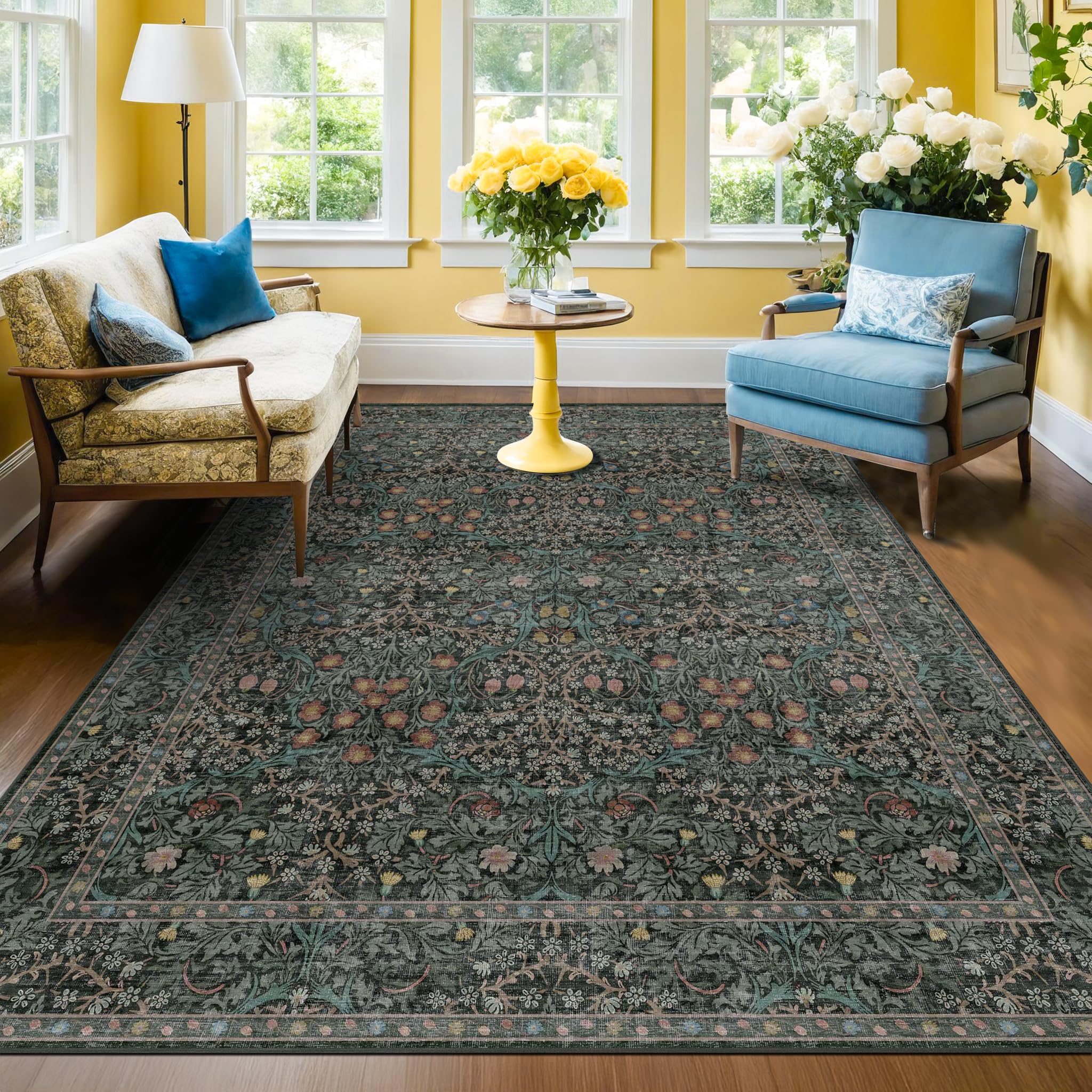 Dark Green Floral Living Room Rug 5x7 Area Rug - Vintage Forest ...