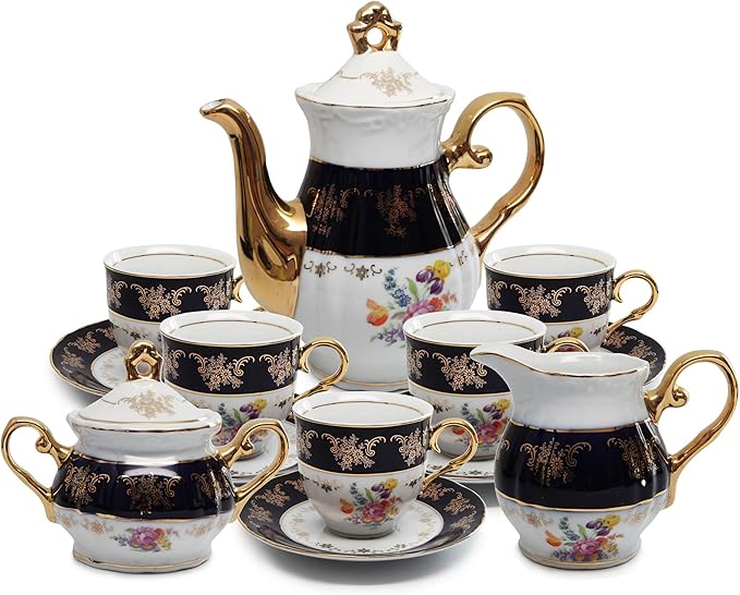 Royalty Porcelain 17pc Flower-Patterned Dark Blue Tea Set, 24K Gold ...