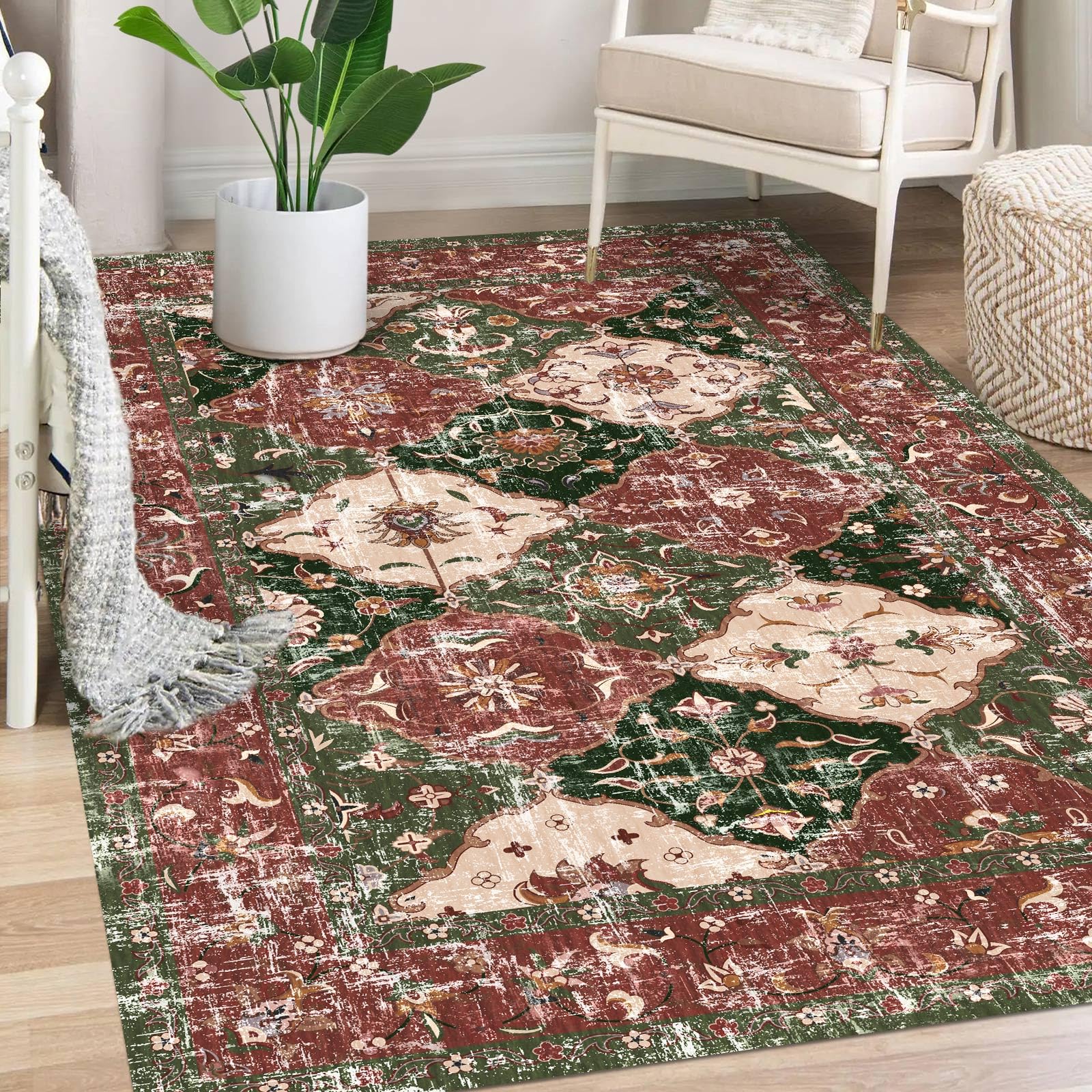 Washable Boho Vintage Area Rugs 5×7 Non-Slip Traditional Red and Green ...