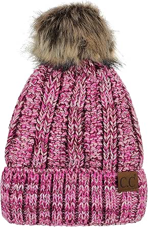 C.C Thick Cable Knit Faux Fuzzy Fur Pom Fleece Lined Skull Cap Cuff ...