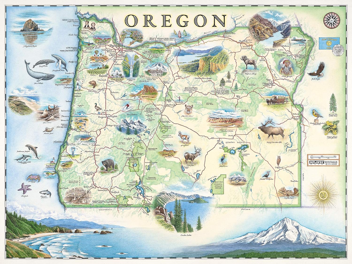 Amazon.com: Oregon Map Wall Art Poster - Authentic Hand Drawn Maps in ...
