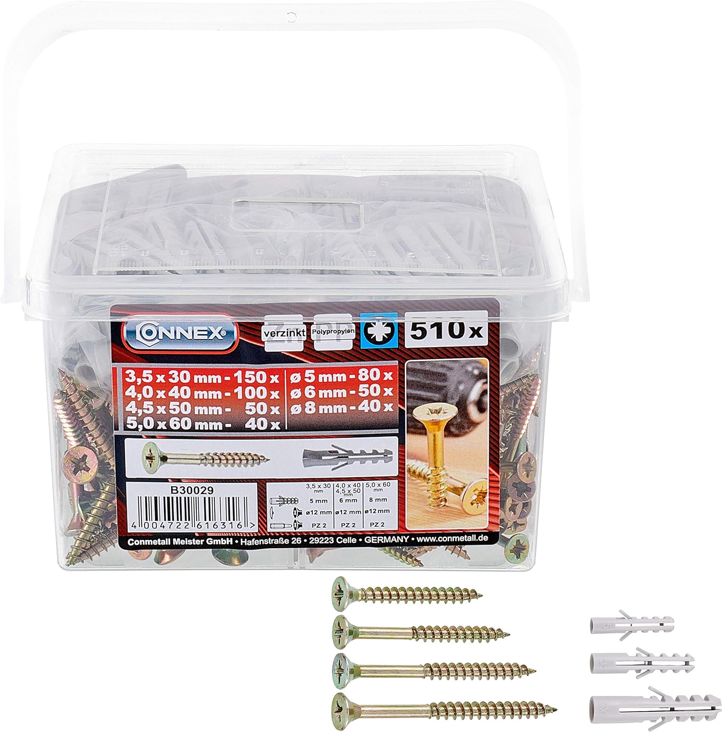 Connex Universalschrauben- und Dübel-Sortiment 510-teilig - Diverse Größen - Senkkopf - PZ ...
