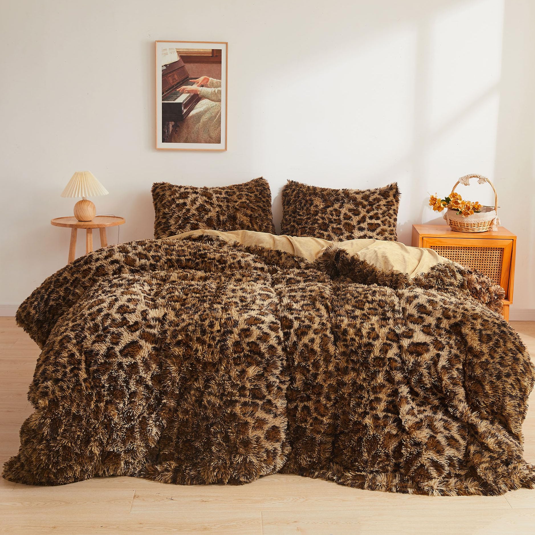 XeGe Cheetah Print Fluffy Faux Fur Duvet Cover Set 2 Pieces Soft Plush