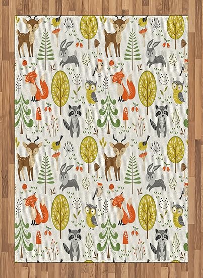 Animals Area Rug by Lunarable, Woodland Forest Animals Trees Birds Owls ...