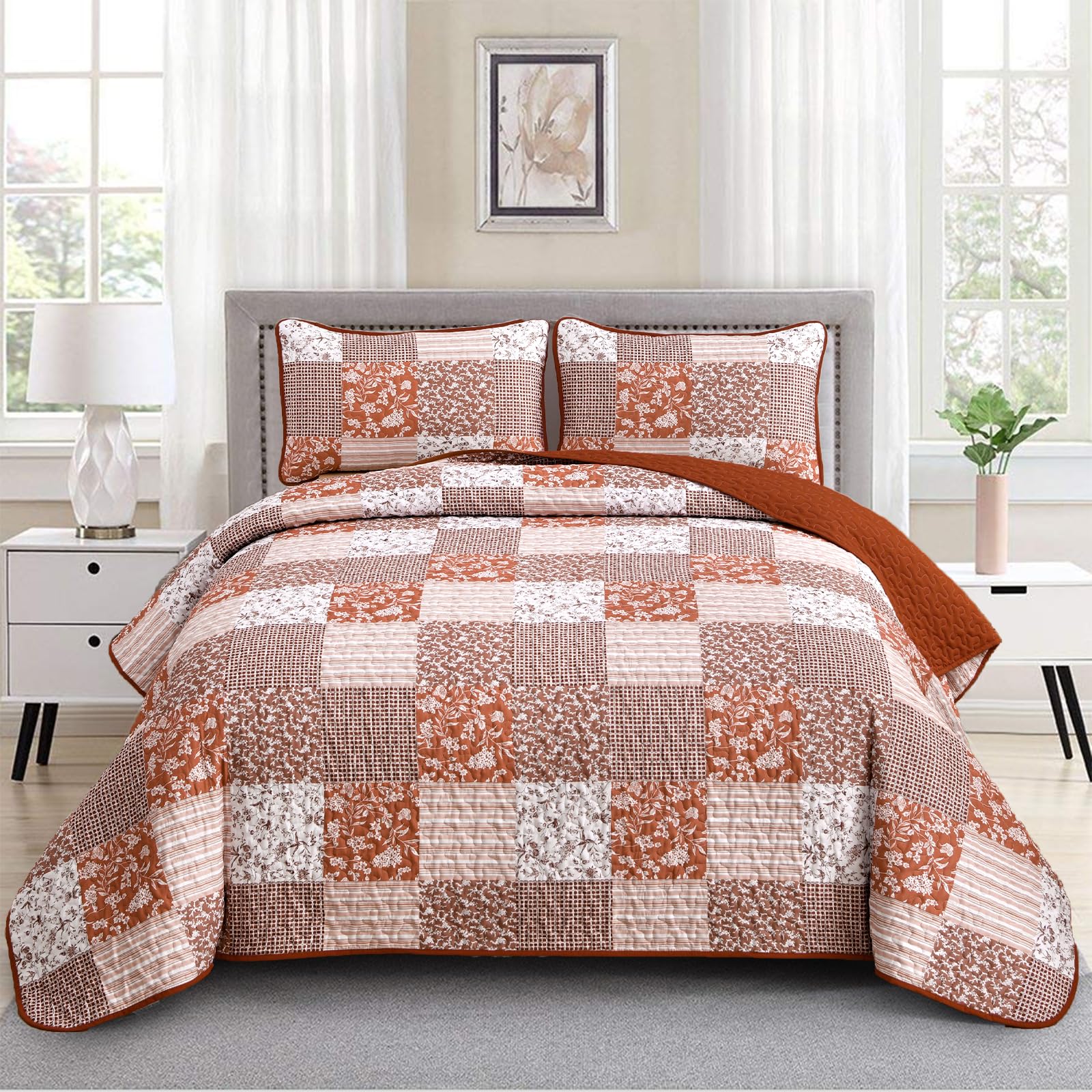 Mybedsoul Burnt Orange Quilt Set Queen Size, 3 Pieces Boho Plaid ...