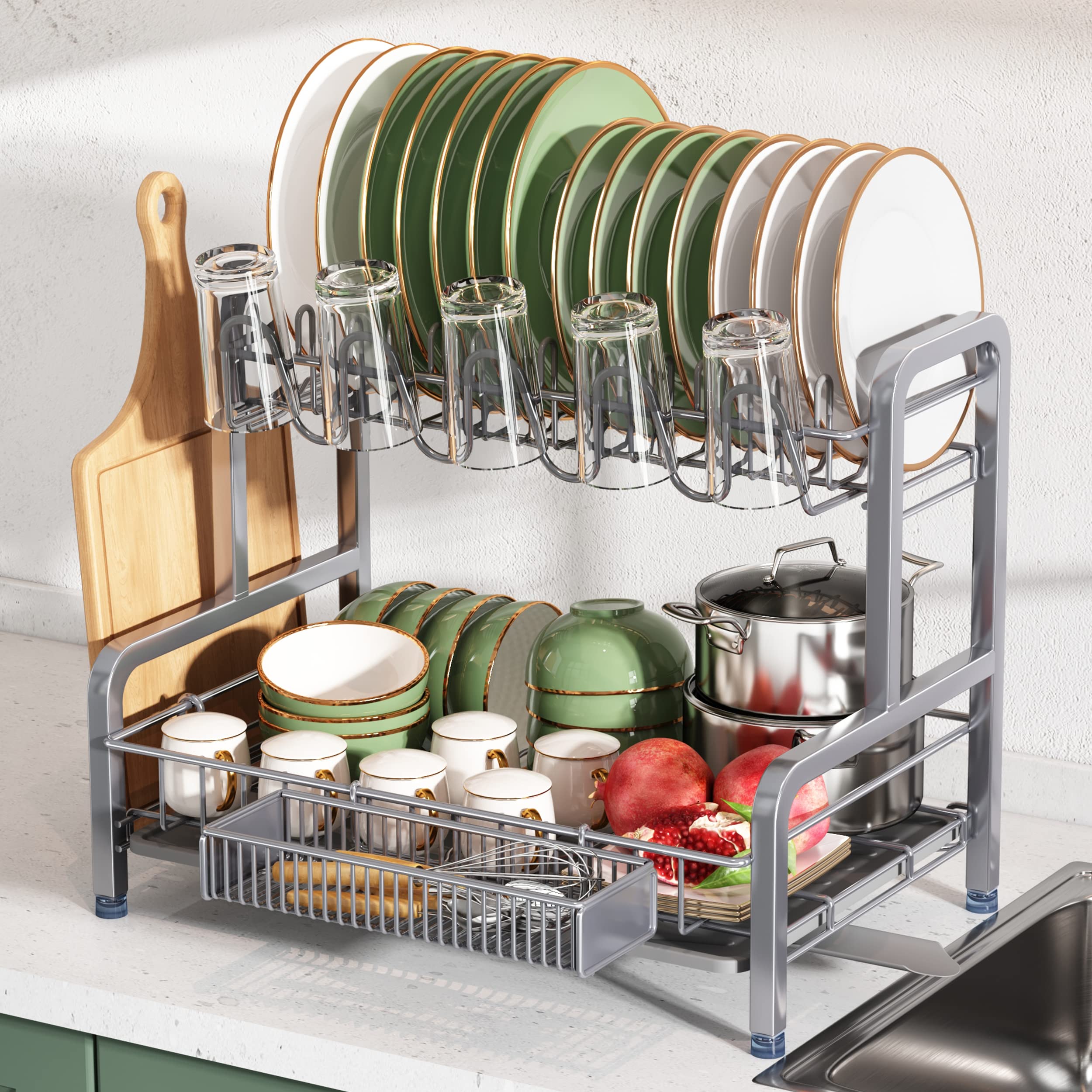romision Dish Drying Rack and Drainboard Set, 2 Tier Large Stainless ...