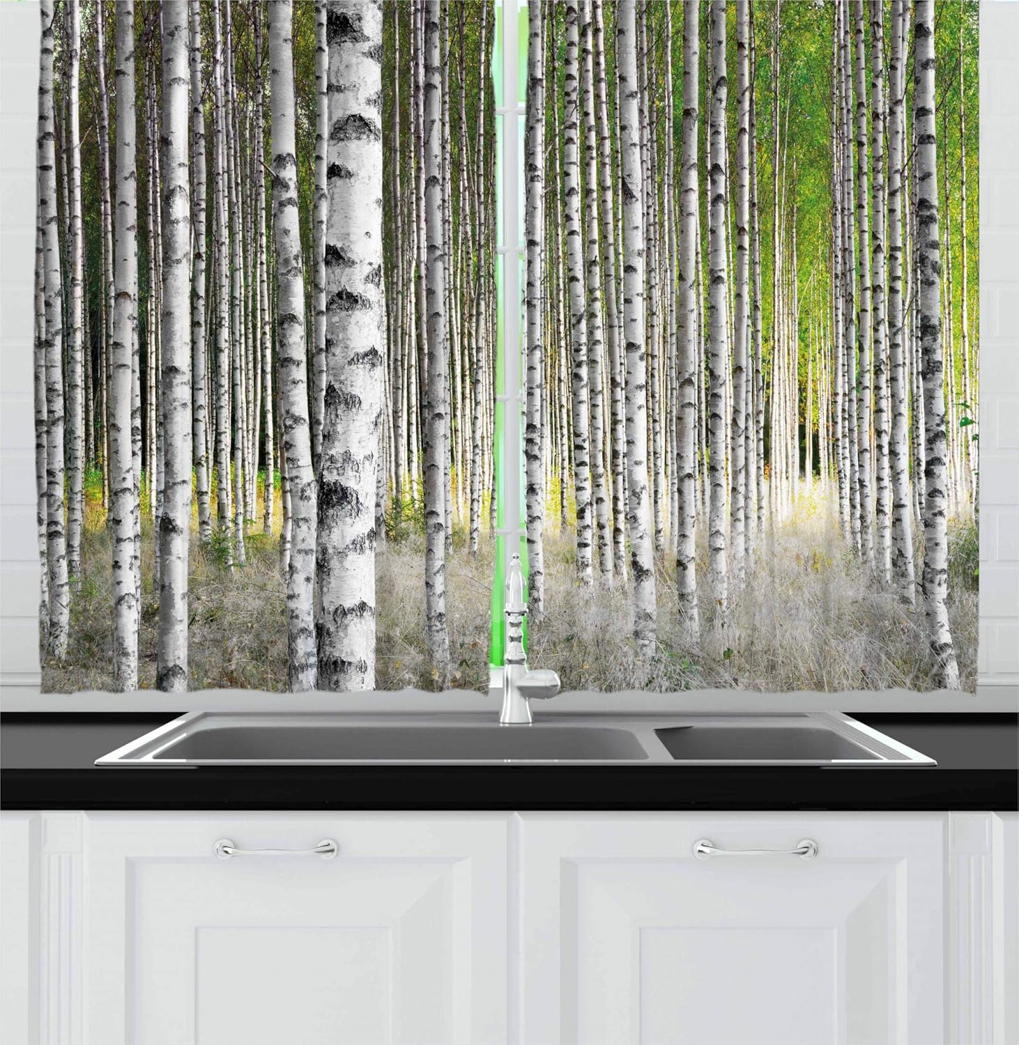 Amazon.com: Ambesonne Birch Tree Kitchen Curtains, Peaceful Late Summer ...