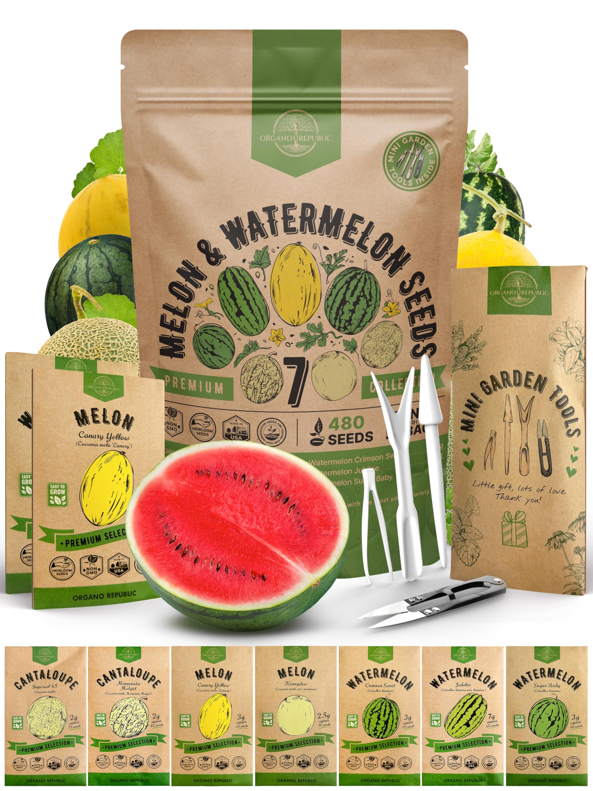 Organo Republic 7 Melon & Watermelon Seeds Variety Pack 480+ Non-GMO ...