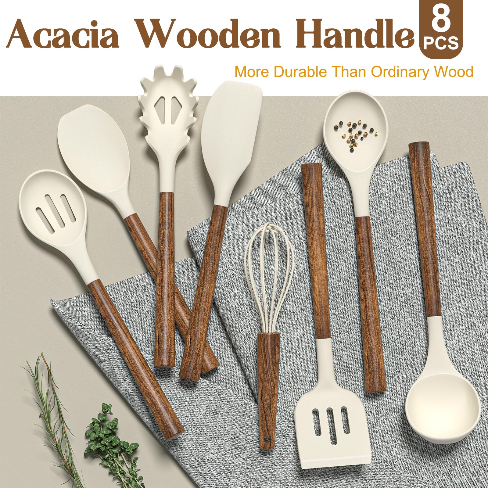 Mua Non-Stick Silicone Kitchen Utensils Set with Natural Acacia Hard ...