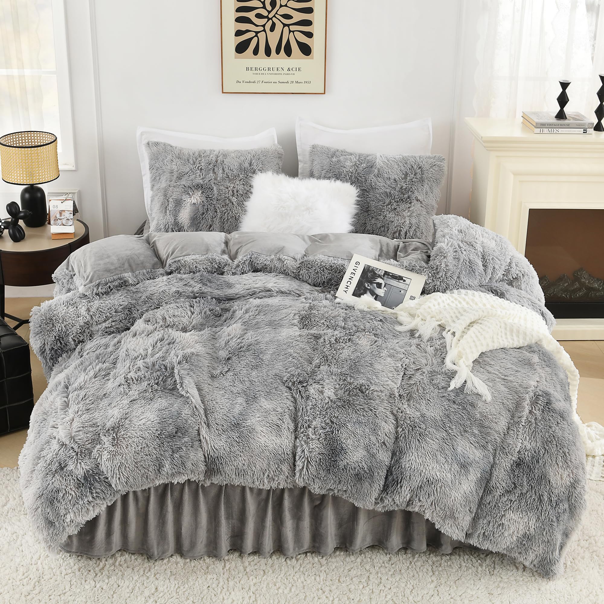 Litanika Tie-Dyed Grey White Fluffy Comforter King Size, Luxury Plush ...