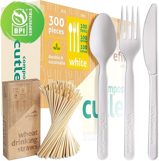 Amazon.com: Compostable Cutlery Set And Biodegradable Drinking Straws ...