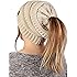 C.C BeanieTail Soft Stretch Cable Knit Messy High Bun Ponytail Beanie Hat, 3 Tone Coral at ...