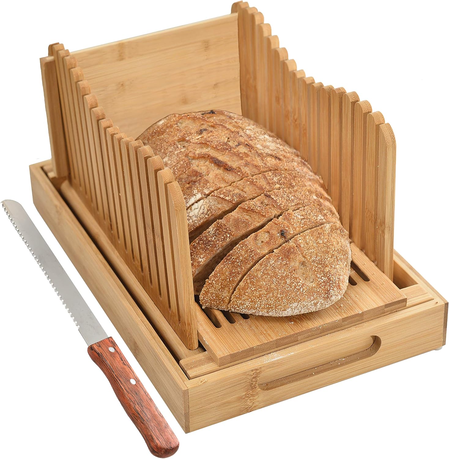 BambooSong Bamboo Bread Slicer with Crumb Tray Bamboo Bread Cutter for ...