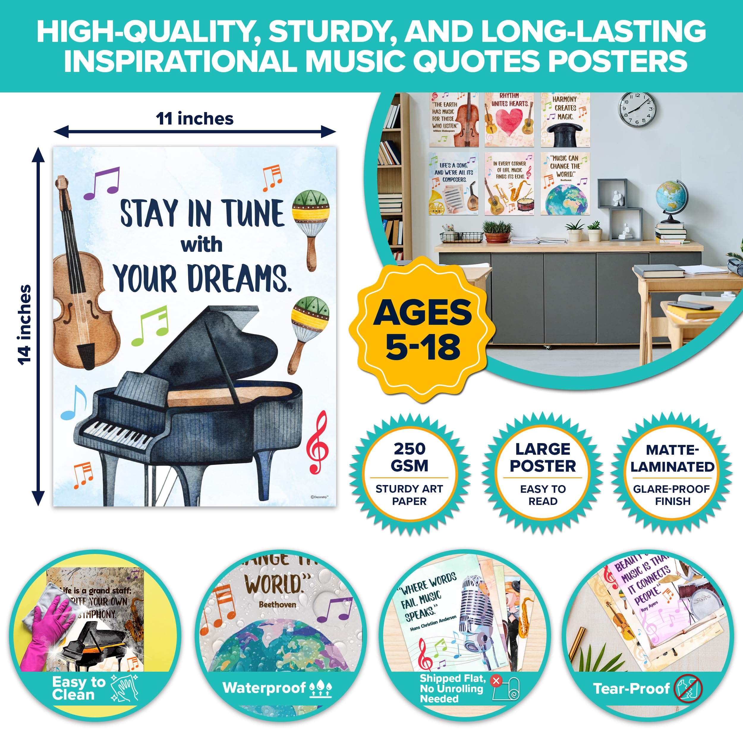 Mua Decorably 15 Music Posters for Classroom, 11x14in Matte-Laminated ...