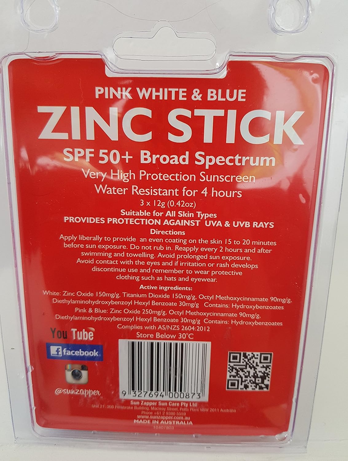 Sun Zapper Zinc Stick – Pink, White & Blue – SPF50+ – Very High Sun ...