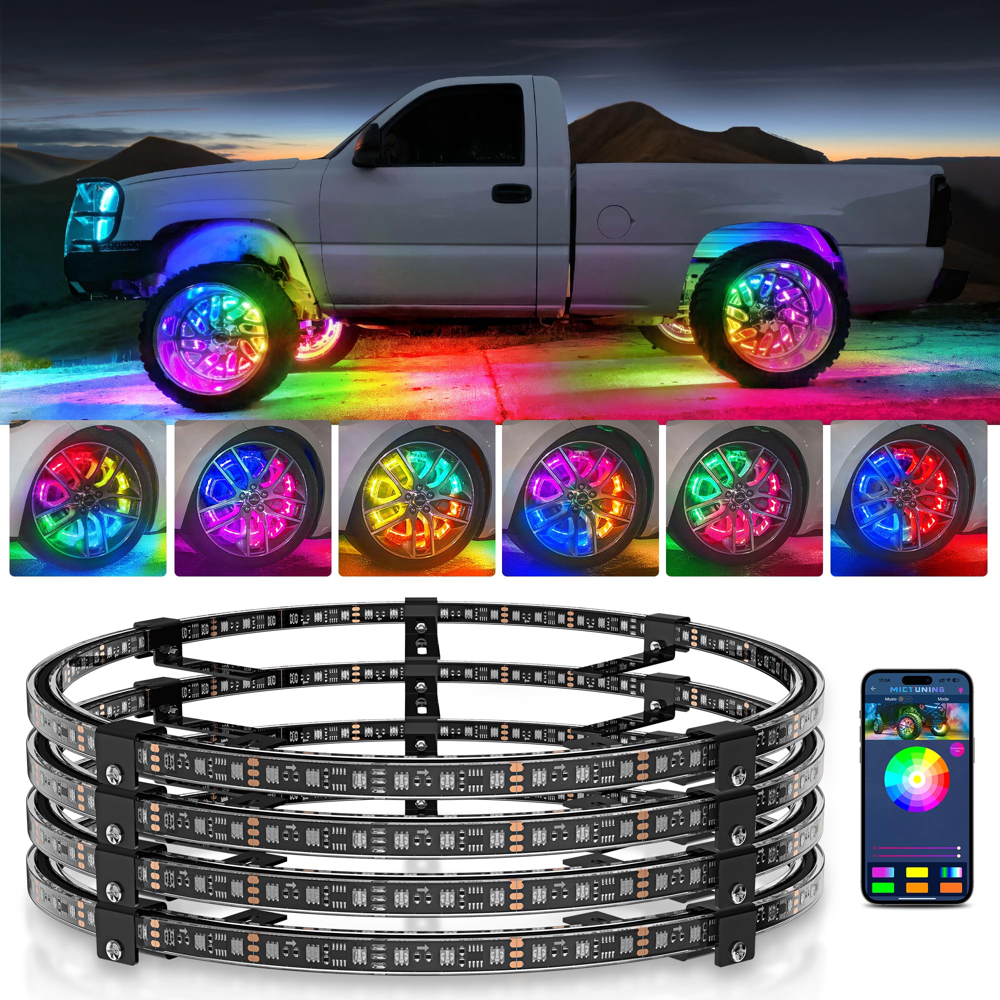 MICTUNING 15inch V1 RGB+IC Chasing Color Wheel Ring Lights Kit with APP ...