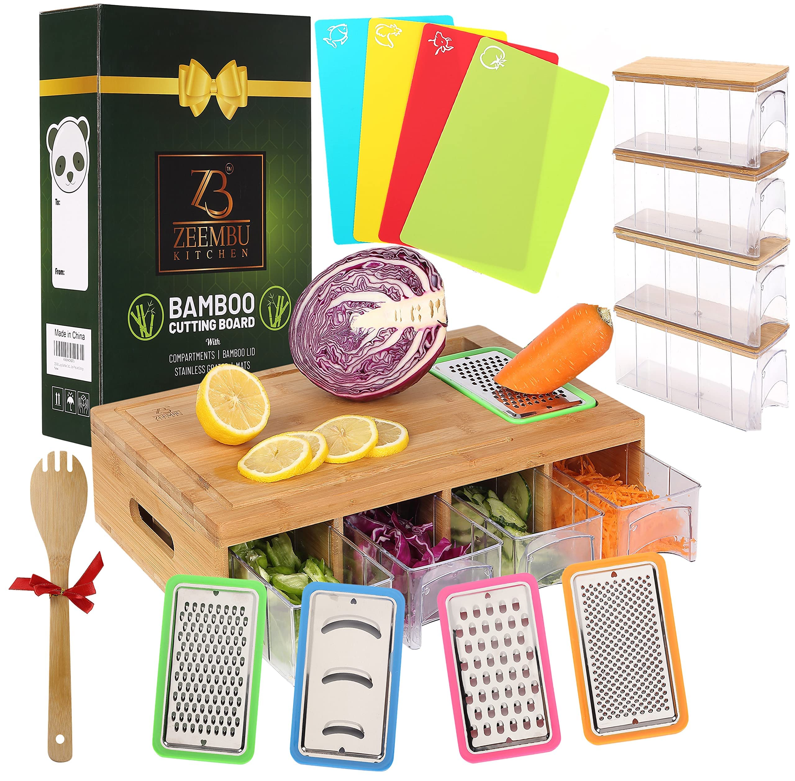 Zeembu Bamboo Cutting Board With Containers and Mats for Quick Meal Prep. Sturdy and ...