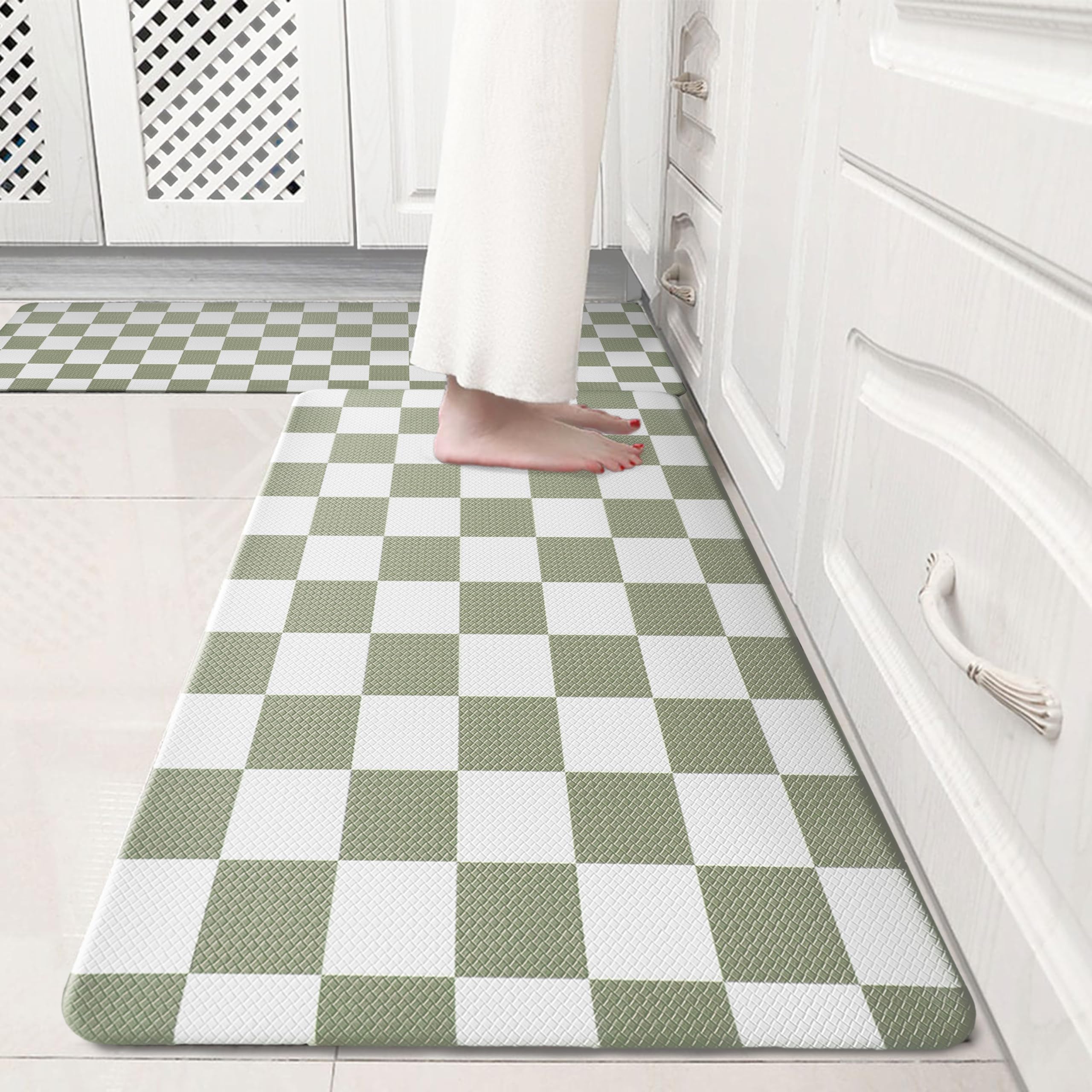 VivaNest Sage Green Checkered Grid Checkerboard Kitchen Rug Sets [2 PCs ...