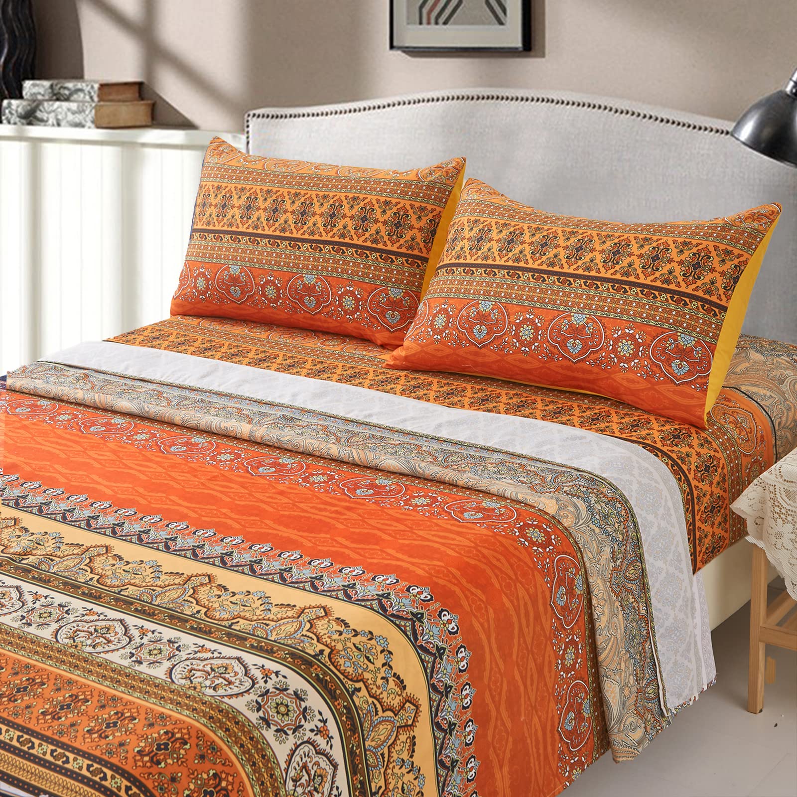 Boho Orange Sheets Set King Size(4 PCS) Colorful Bohemian Striped ...
