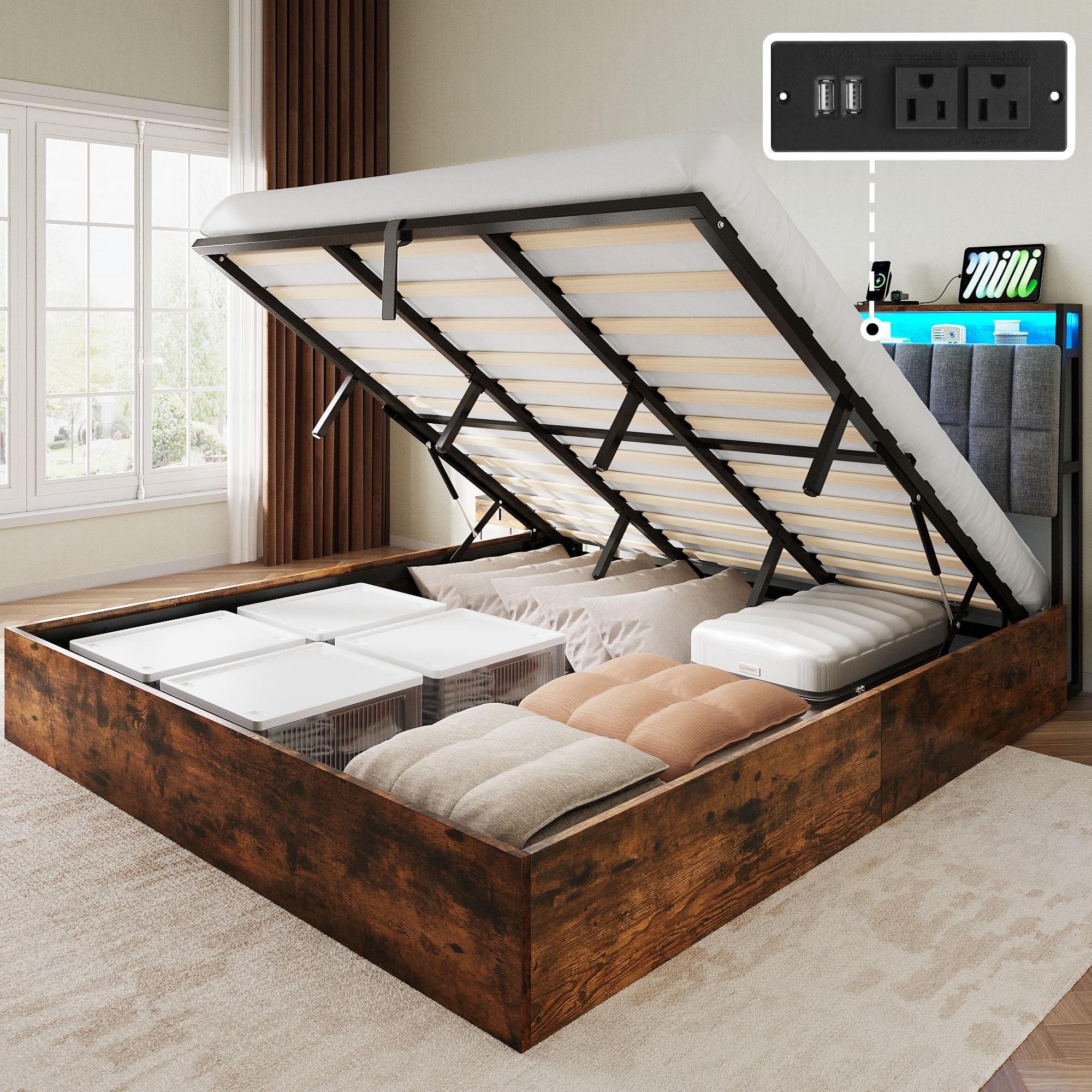DWVO King Size Lift Up Bed Frame with Charging Station & RGB LED Lights ...