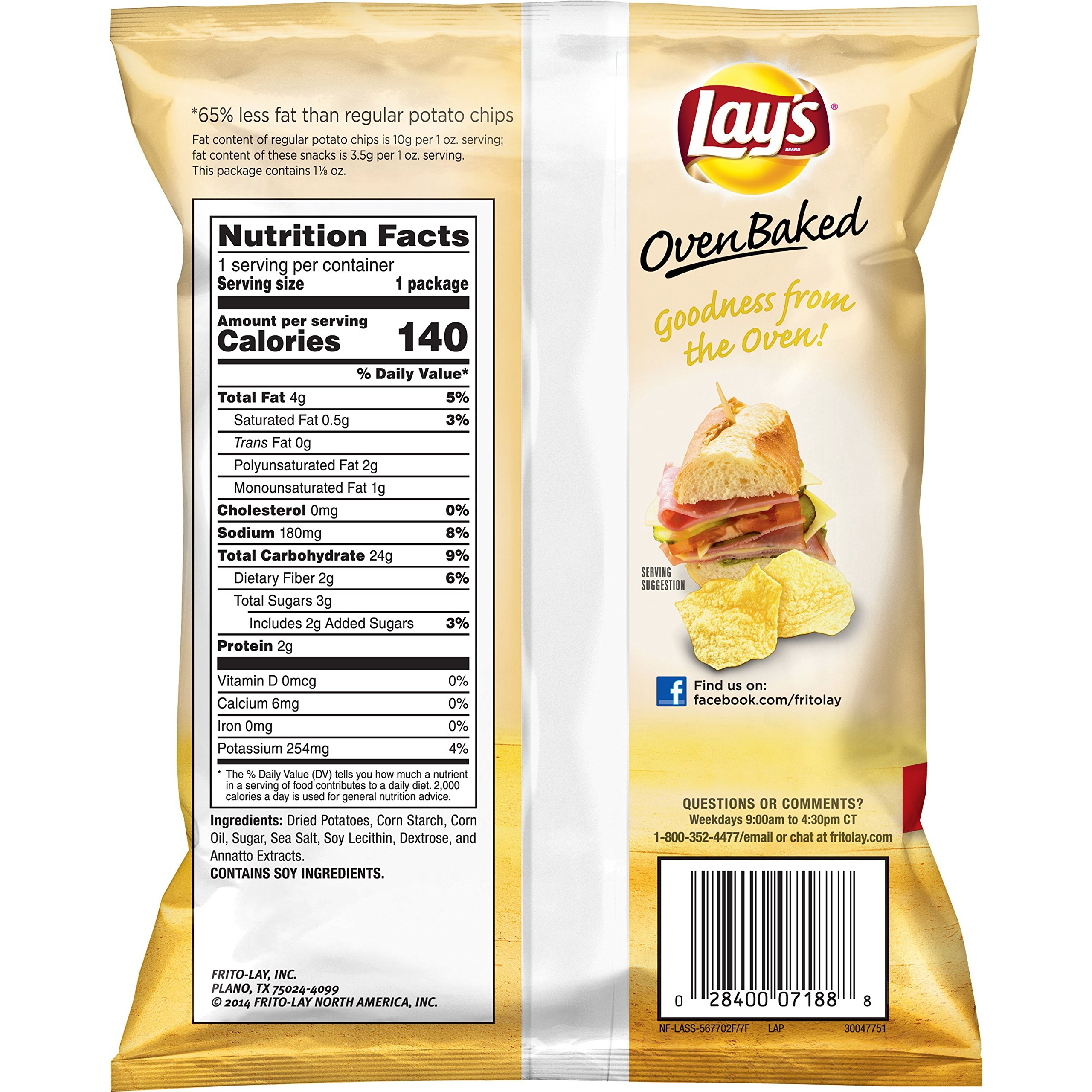 Lay's Oven Baked Original Potato Crisps, 1.125 Ounce (Pack of 64)