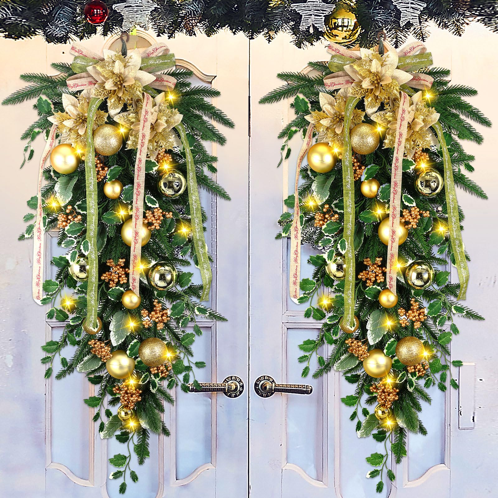 Hotop 2pcs 36 Inch Christmas Swag with Lights Teardrop Swag for Stair ...