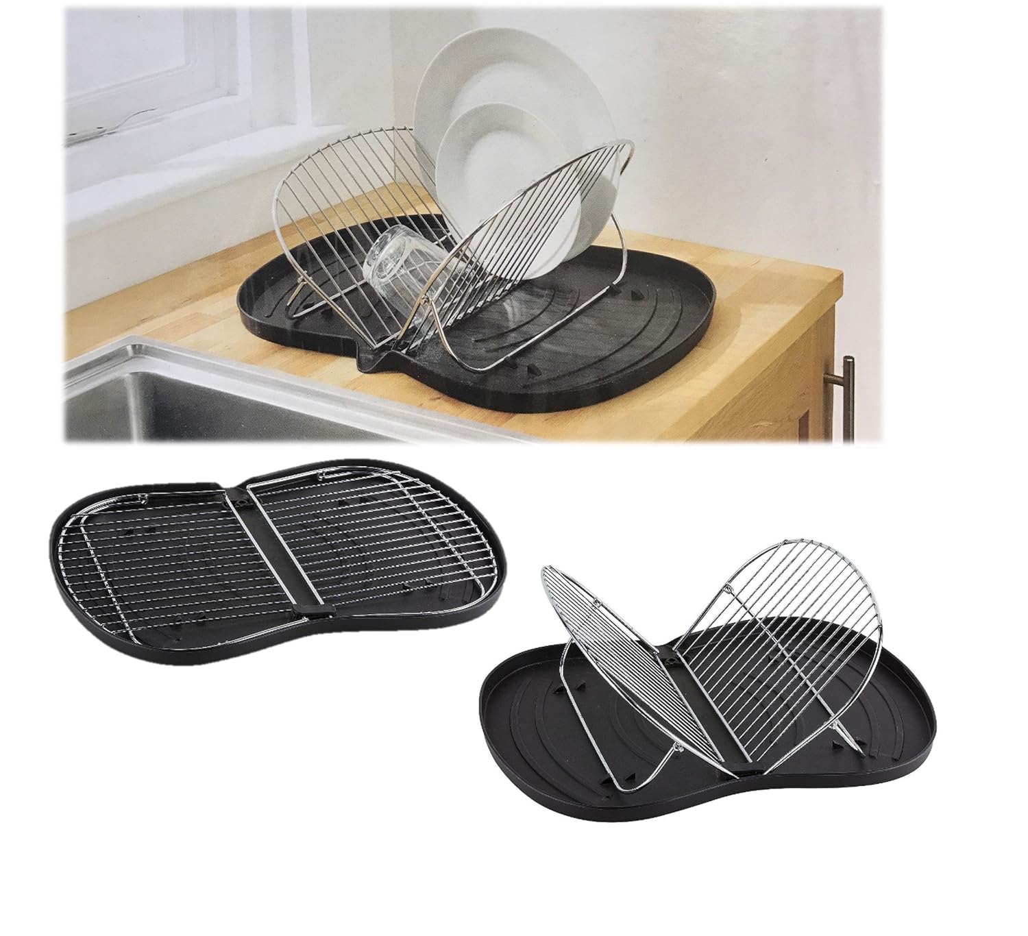BLACK & STAINLESS STEEL FOLDING DISH DRAINER TRAY UTENSIL CUTLERY ...