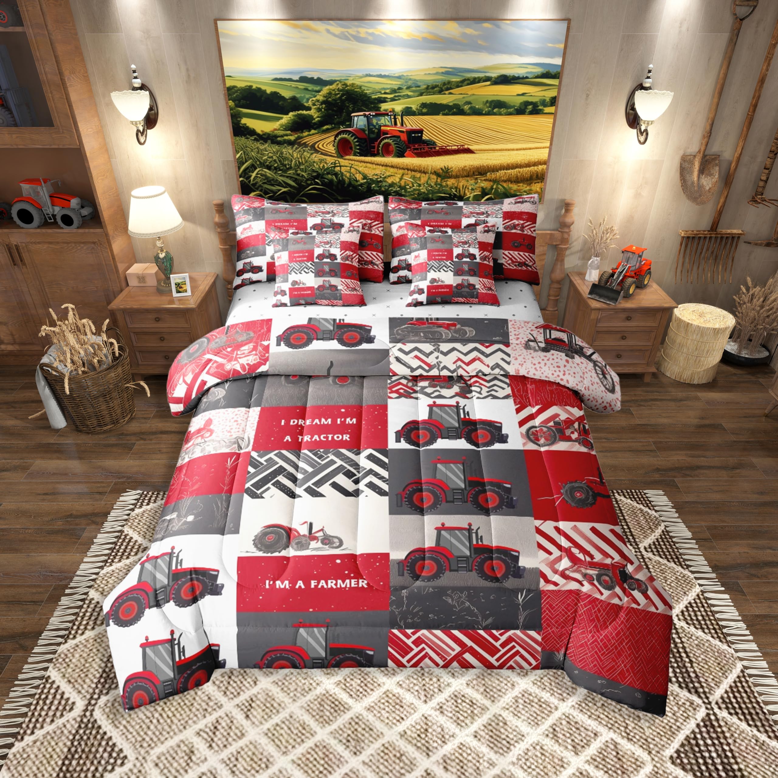 Erosebridal 7 Pcs Kids Tractor Bedding Sets Red Cartoon Tractor Quilt ...
